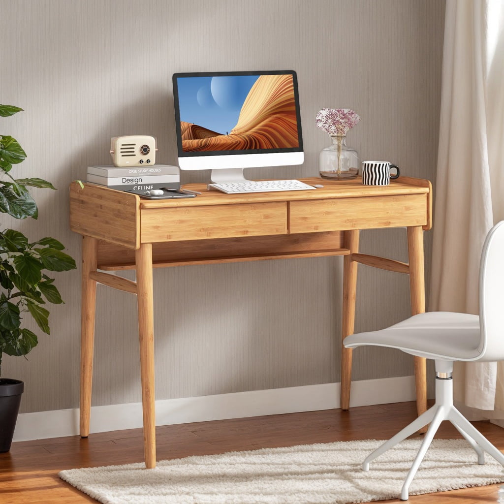 Resenkos Bamboo Writing Desk with 2 Storage Drawers and Open Shelf ...