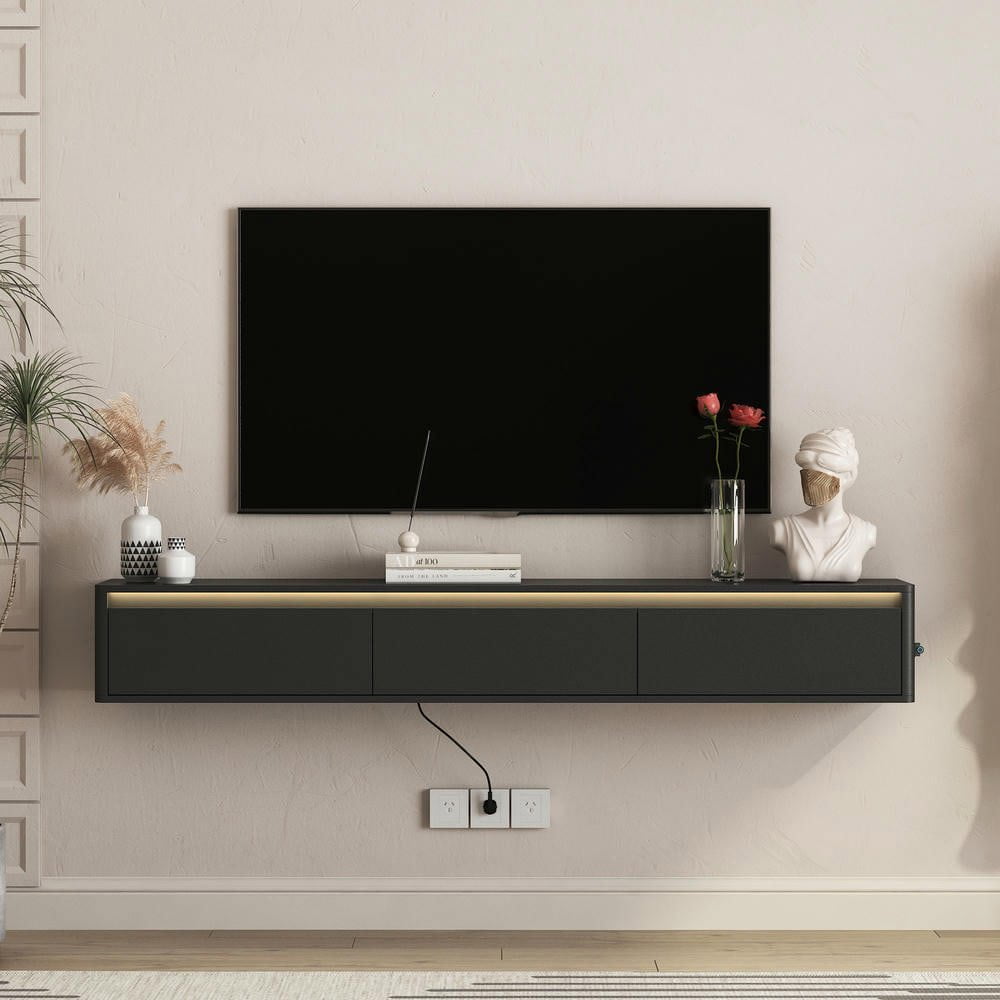 Resenkos Black Floating TV Stand with LED Lights & Power Outlet, High ...