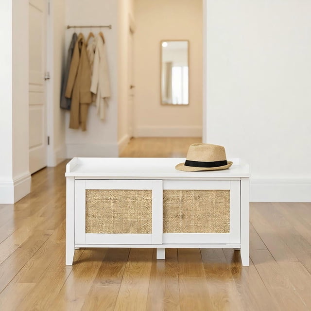 Resenkos Entryway Shoe Storage Bench with 2 Rattan Sliding Doors, Pine ...