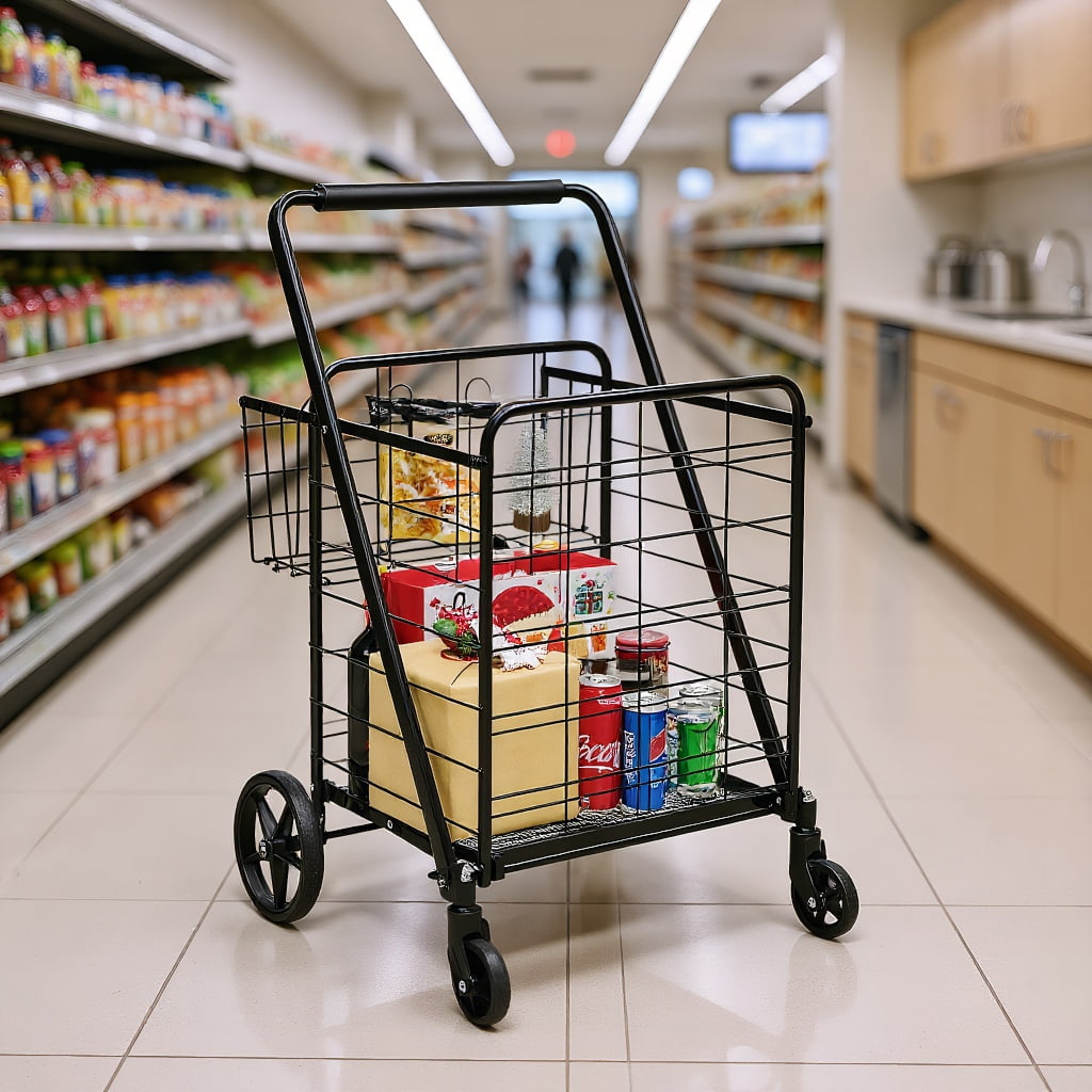 Resenkos Heavy Duty Folding Utility Shopping Double Cart-Black ...