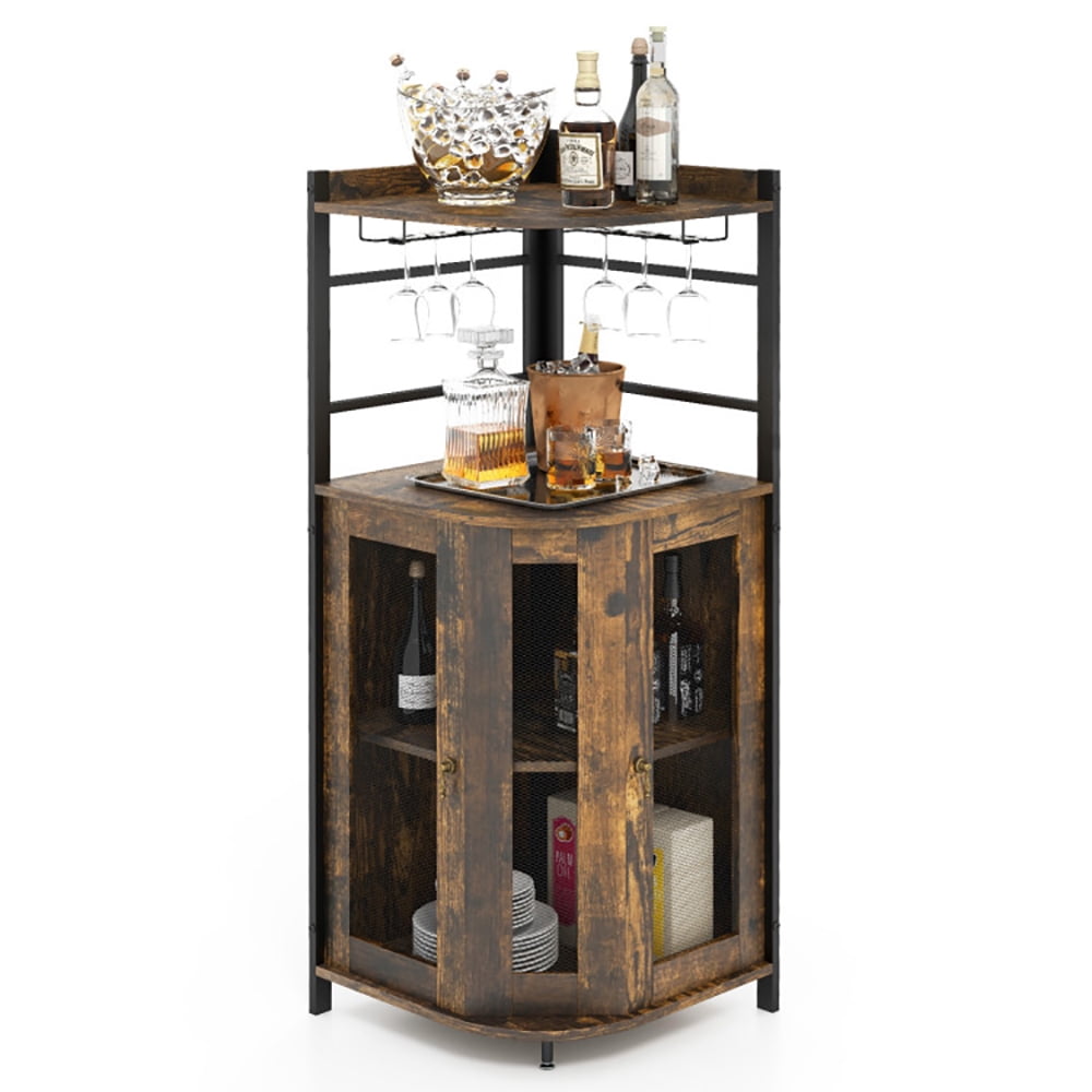Resenkos Industrial Corner Bar Cabinet with Glass Holder and Adjustable ...