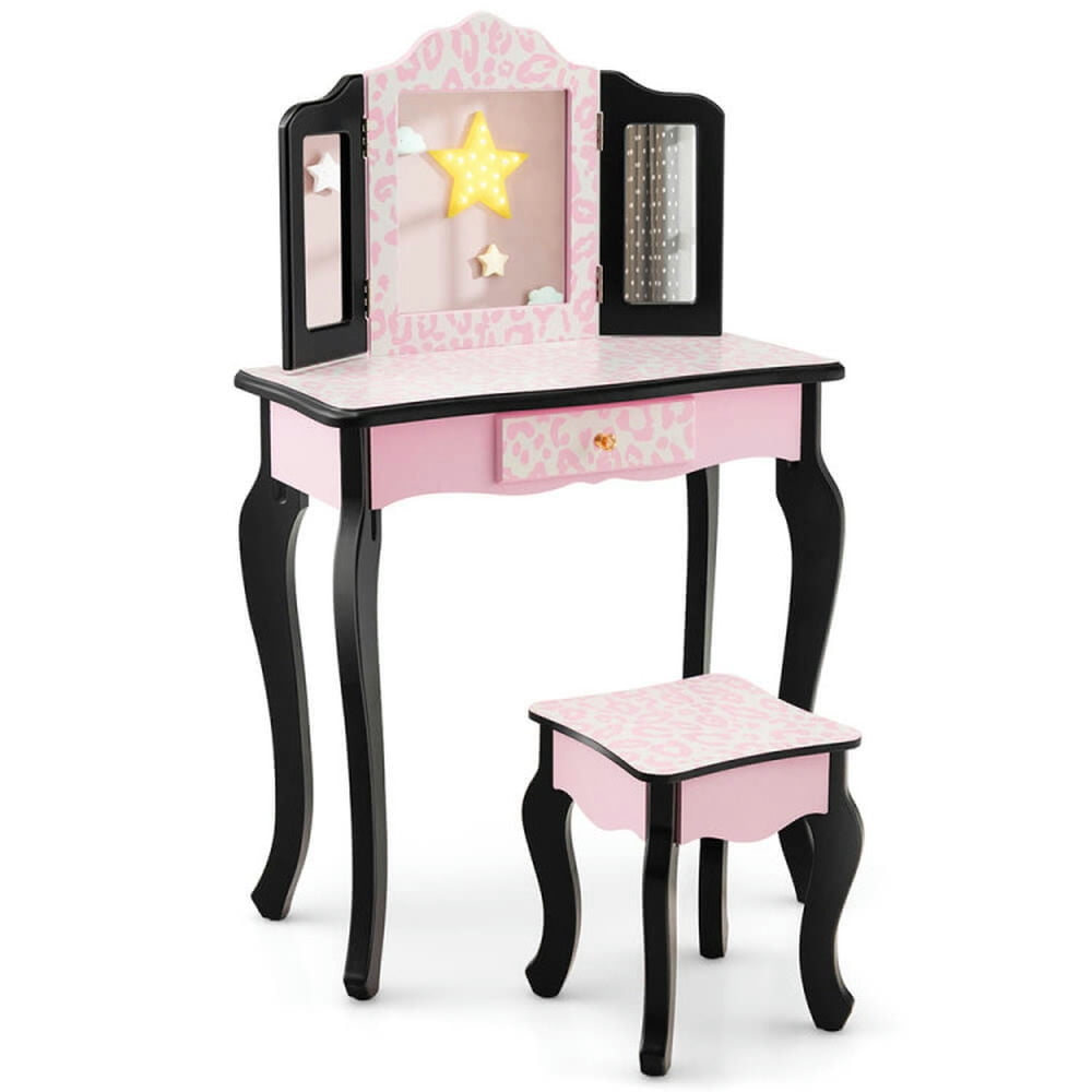 Resenkos Kid Vanity Set with Tri-Folding Mirror and Leopard Print-Pink ...