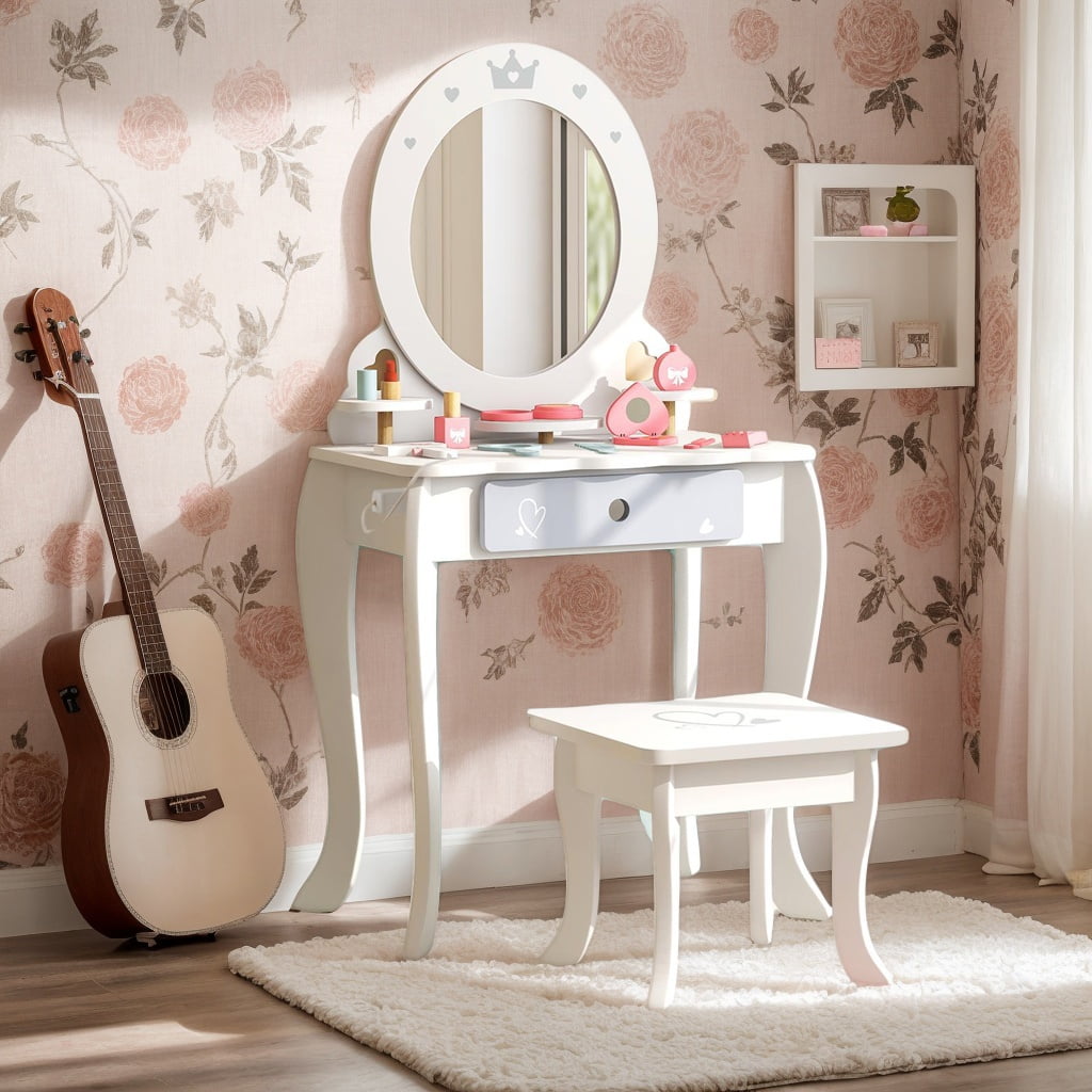 Resenkos Kids 2-in-1 Princess Makeup Table and Chair Set with Removable ...