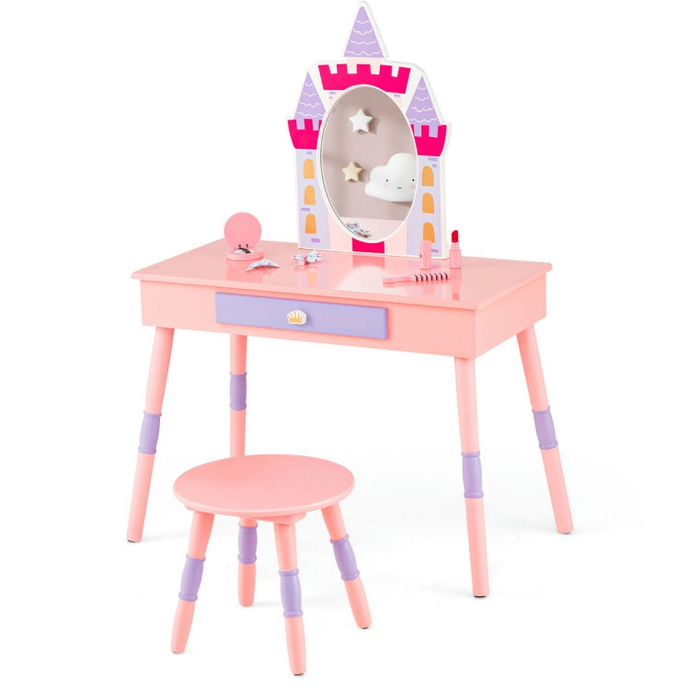 Resenkos Kids Princess Vanity Table and Stool Set with Drawer and ...