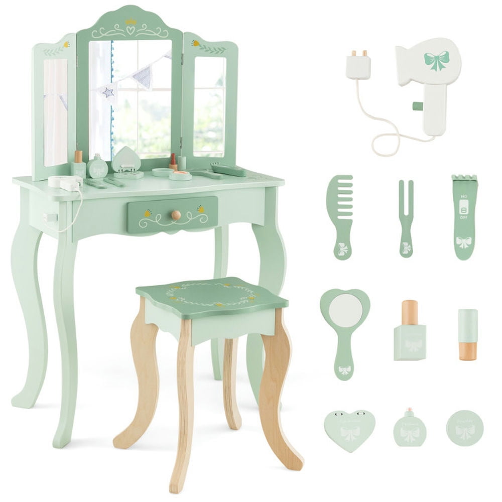 Resenkos Kids Vanity Set with Tri-folding Mirror-Green, Kids Makeup ...