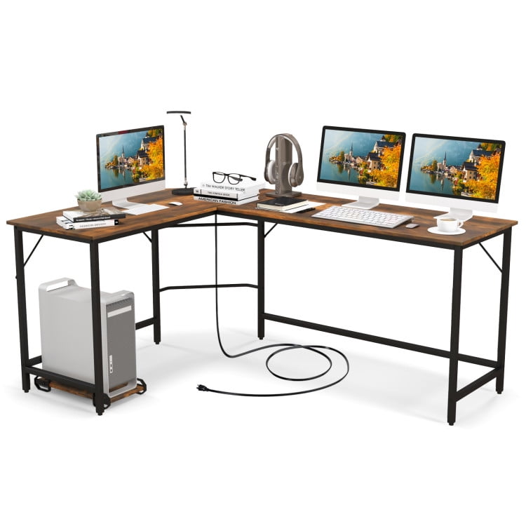 Resenkos L-Shaped Computer Desk with CPU Stand Power Outlets and USB ...