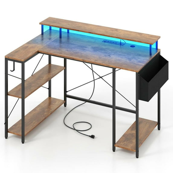 Resenkos L-Shaped Gaming Desk with LED Lights and Built-In Power ...