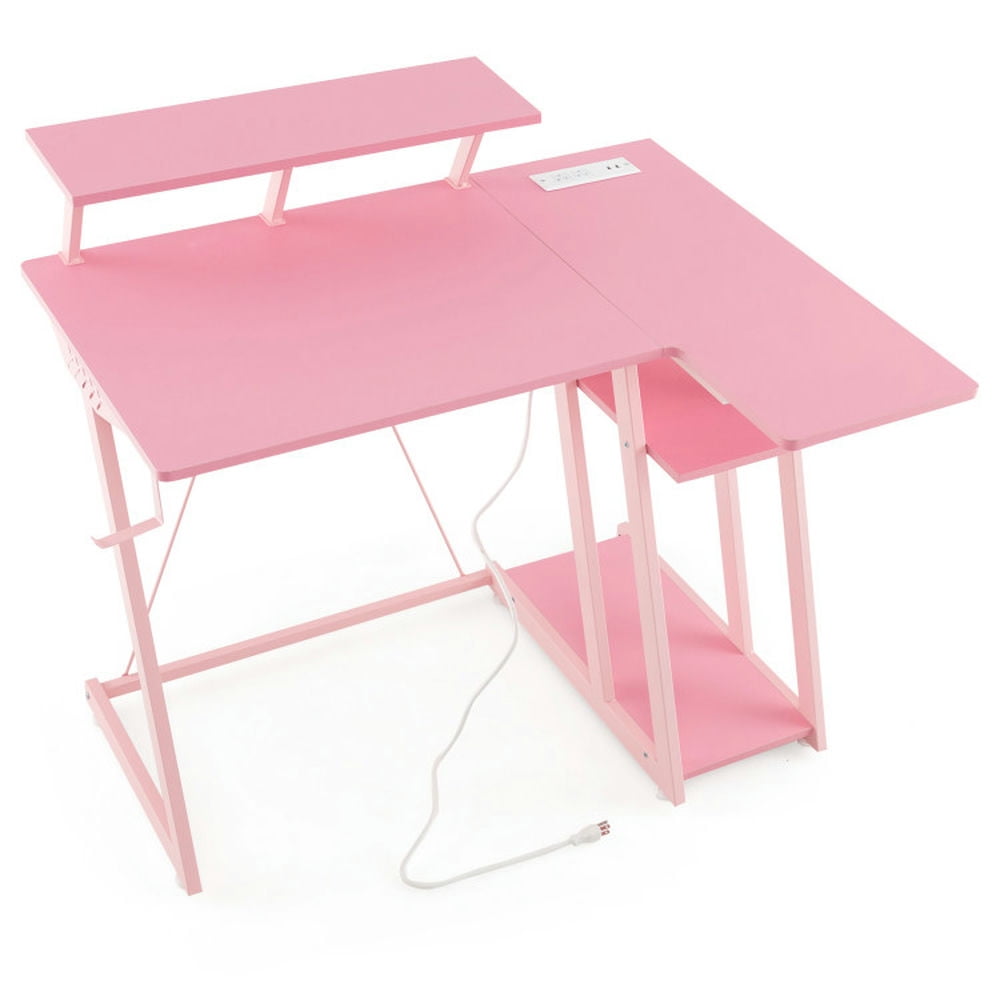 Resenkos L Shaped Gaming Desk with Outlets and USB Ports-Pink, Home ...