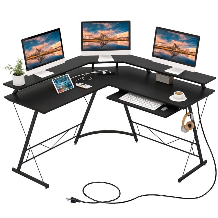 Resenkos L-shaped Computer Desk with Power Outlet and Monitor Stand ...