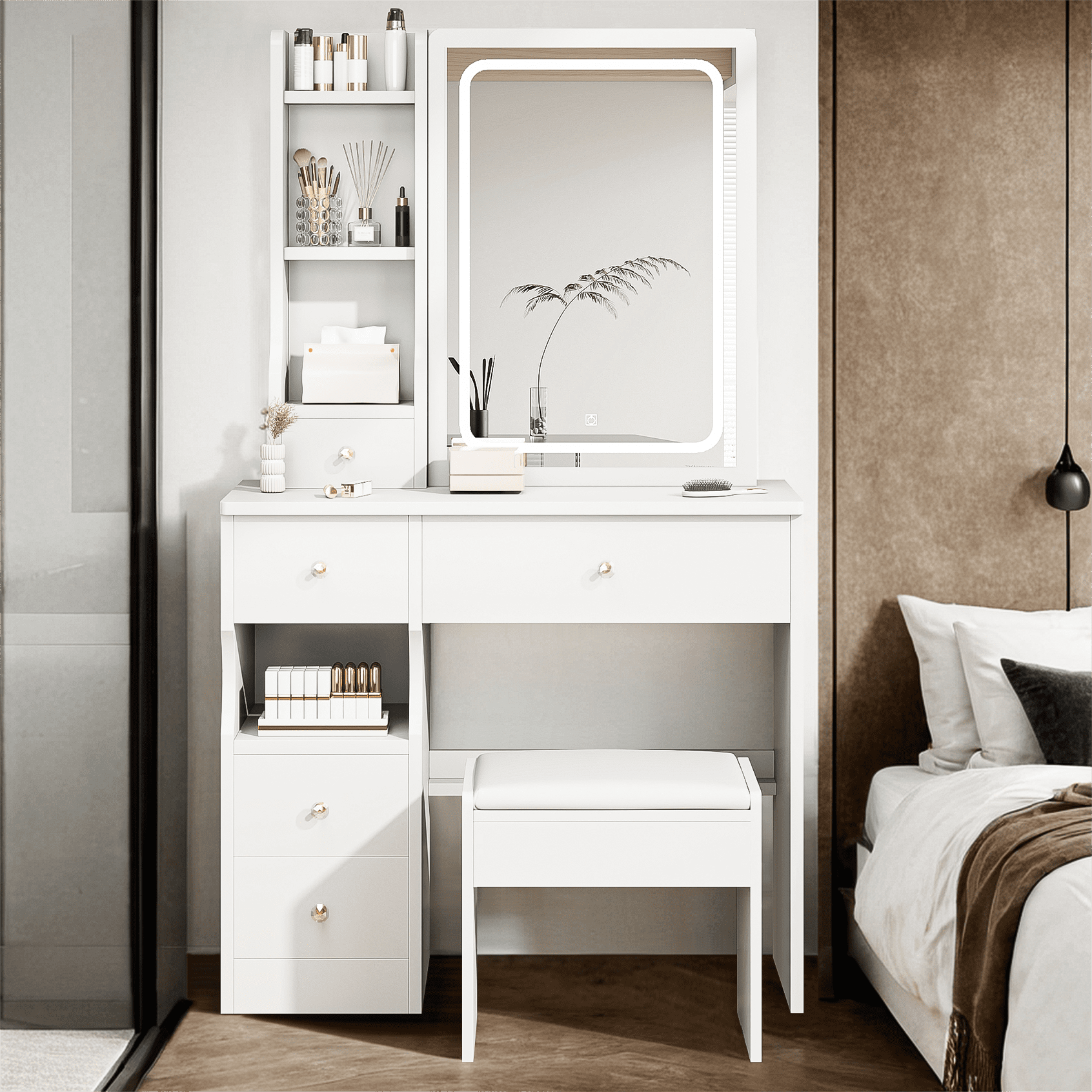 Resenkos Assembled Lighted Makeup Vanity Desk Set with Mirror & Stool ...
