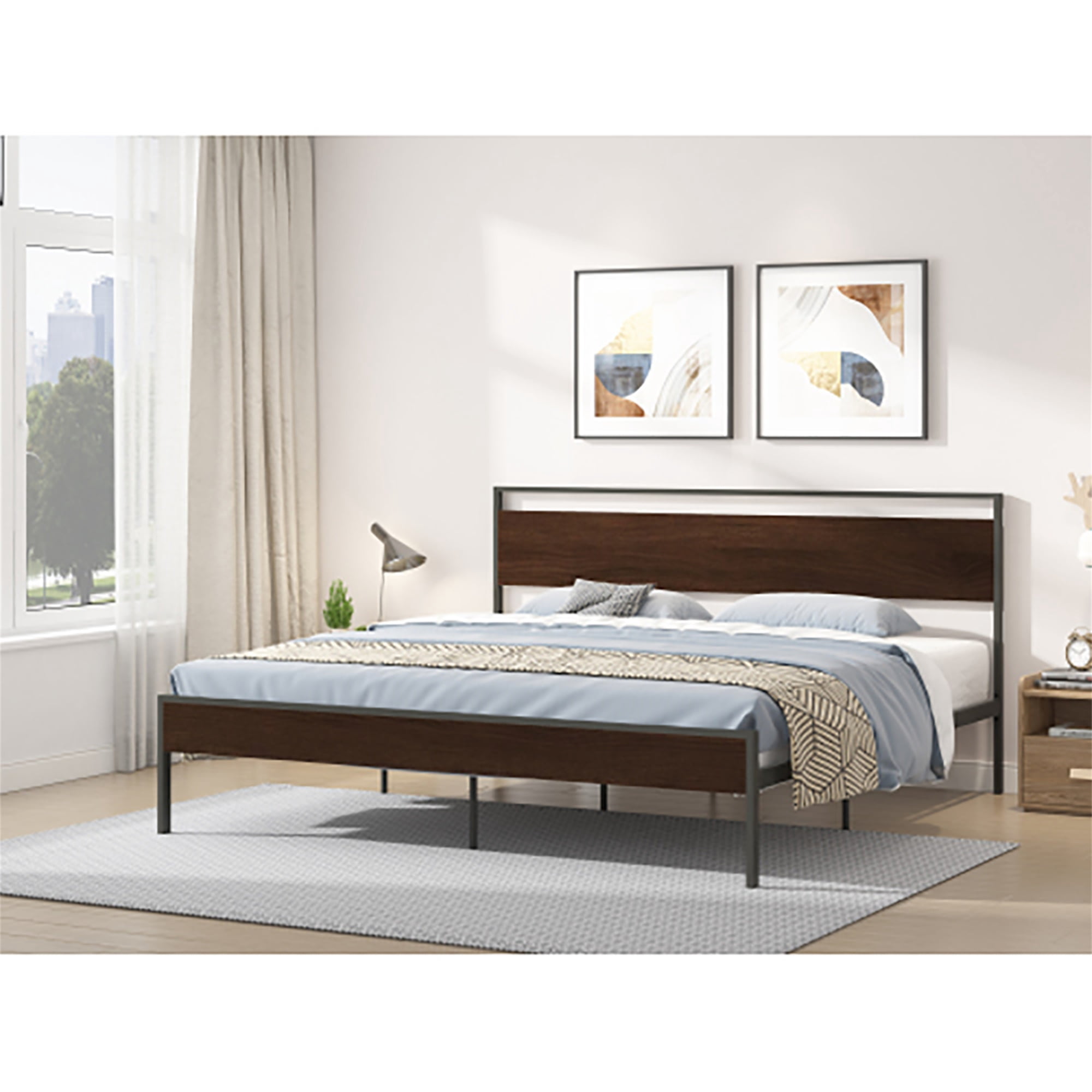 Resenkos Metal Bed Frames with Walnut Wood Headboard&Footboard ...
