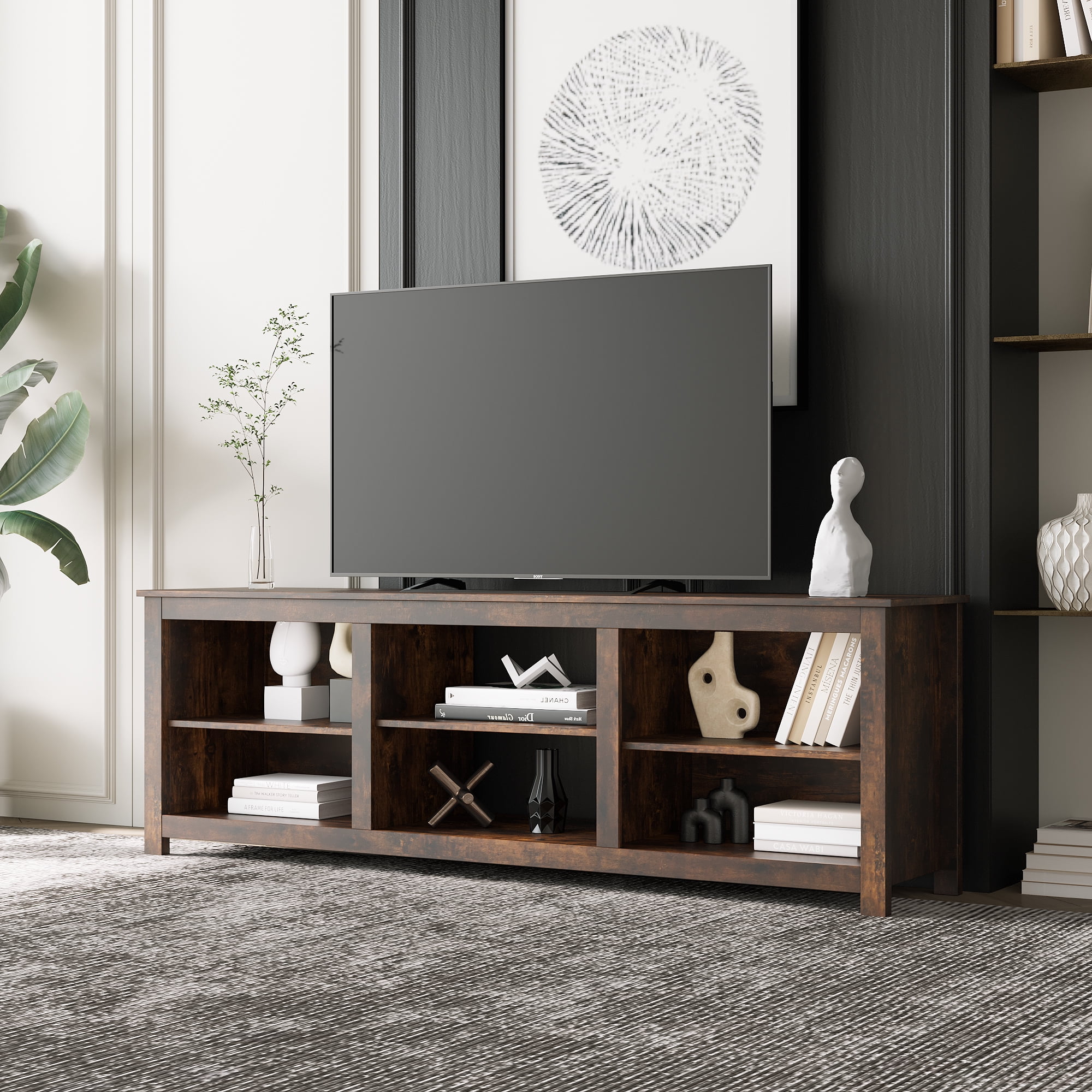 Resenkos 80 inch TV Stand, Modern Entertainment Center, Walnut Rustic ...