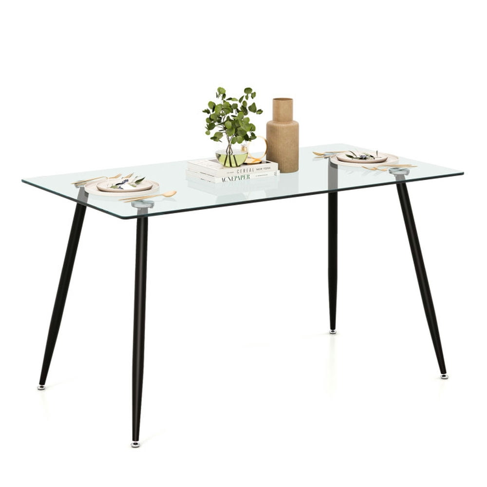Resenkos Modern Glass Rectangular Dining Table with Metal Legs-Black ...