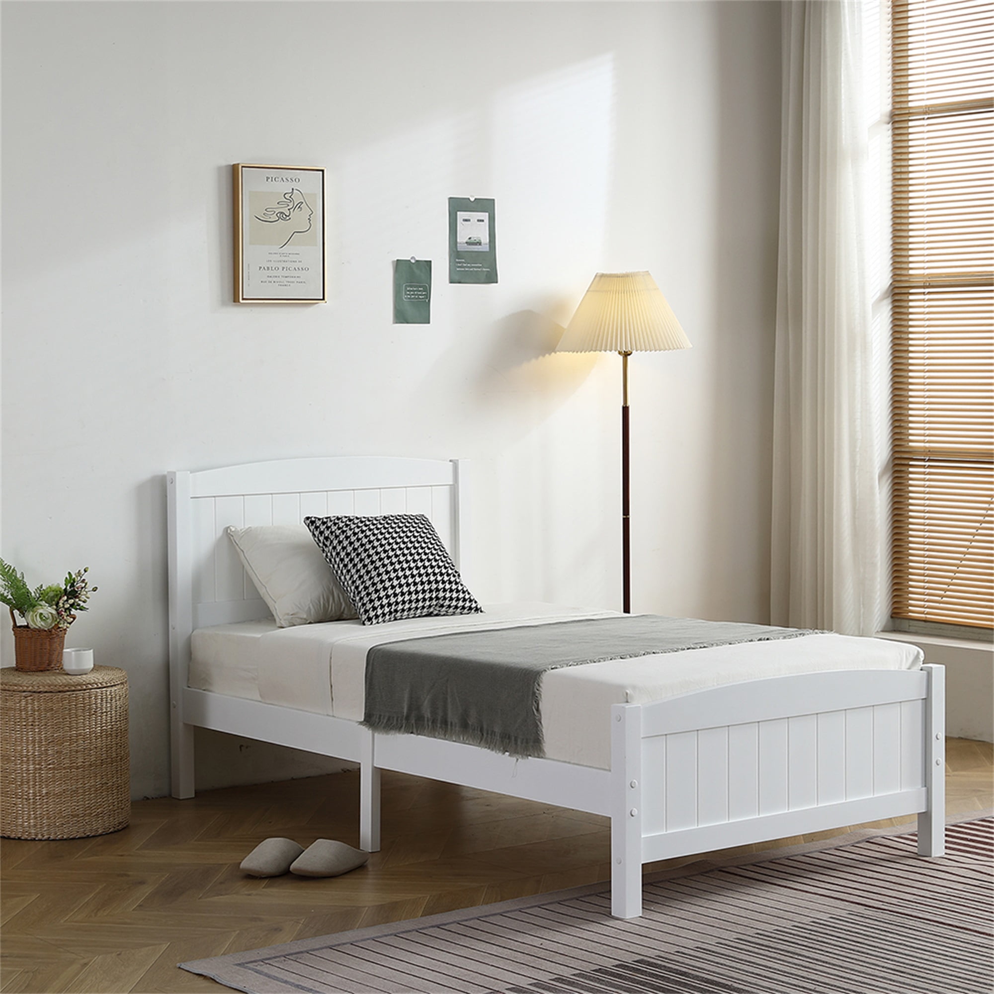 Resenkos Modern Single Bed with Headboard, Solid Wood Platform Bed ...