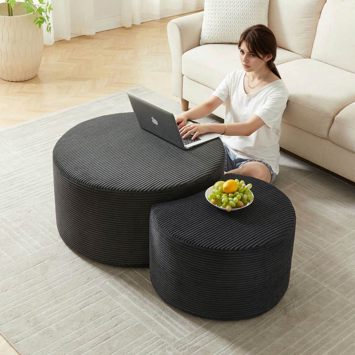 Resenkos Nesting Coffee Table Set of 2, Upholstered Round Foam Tables ...