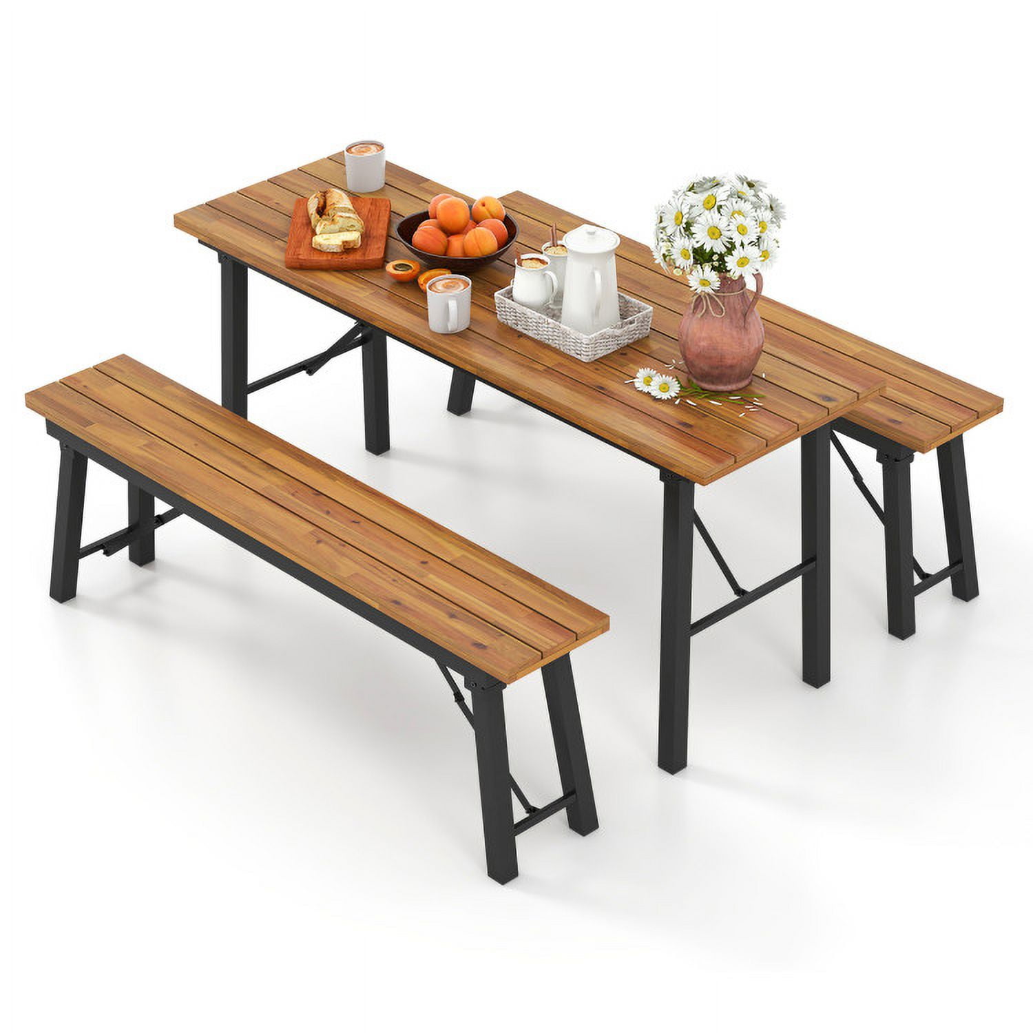 Resenkos Acacia Wood Outdoor Dining Table and Bench Set for Backyard ...