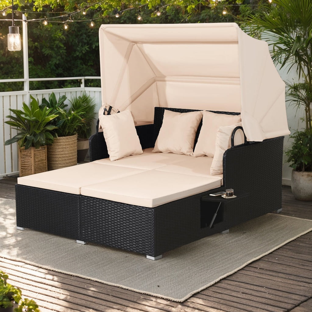 Resenkos Outdoor Patio Daybed,Patio Rattan Daybed with Retractable ...