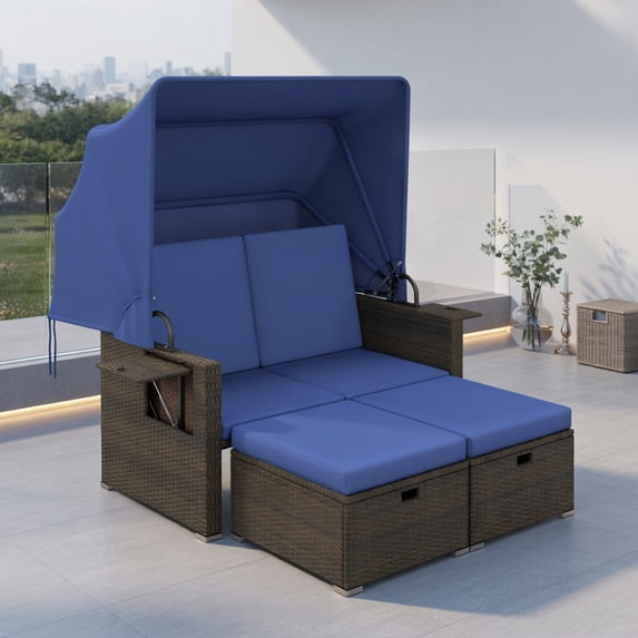 Resenkos Outdoor Rattan Daybed Set with Retractable Canopy, Adjustable ...