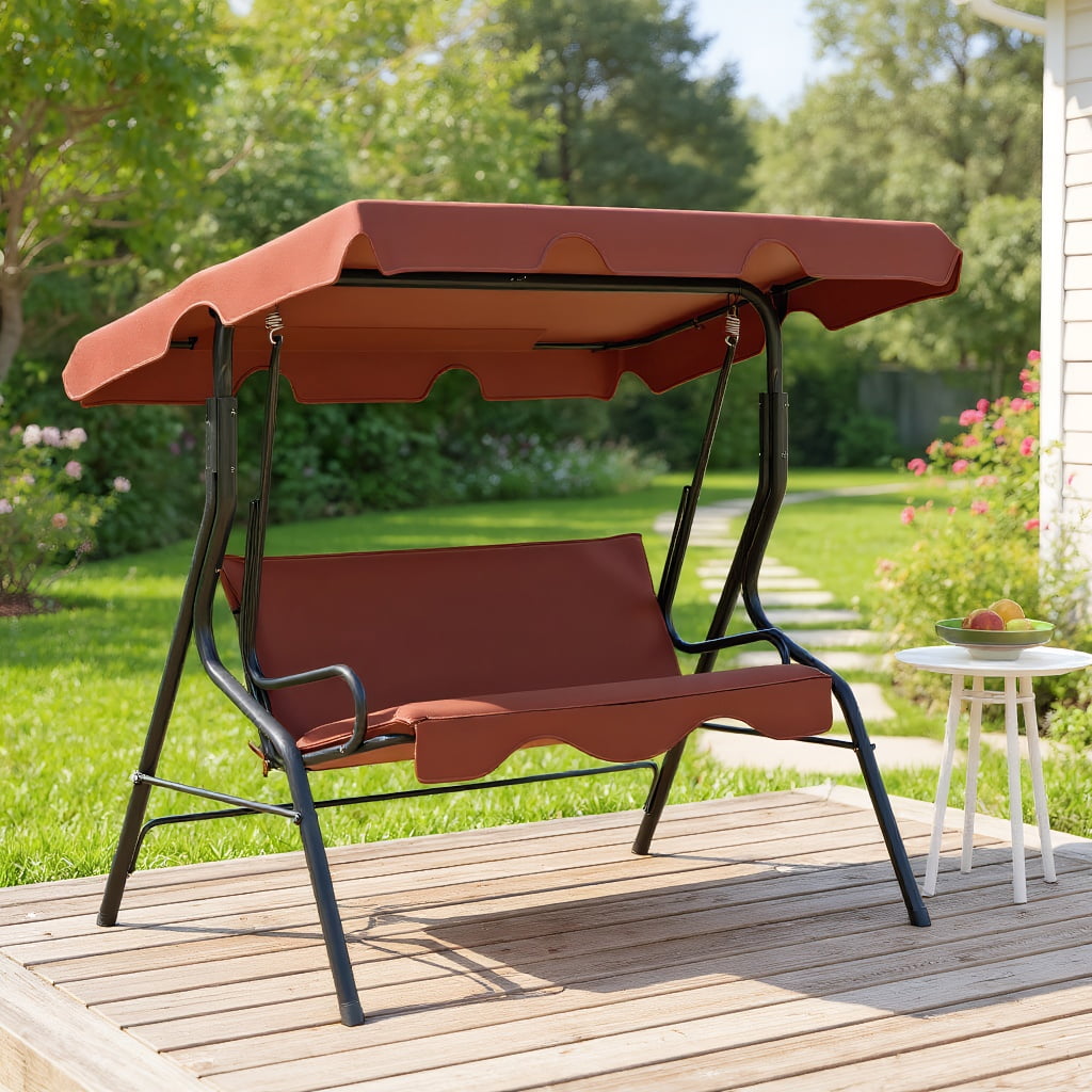 Resenkos Porch Swing, 3 Seats Patio Canopy Swing-Brown, Hanging Outdoor ...