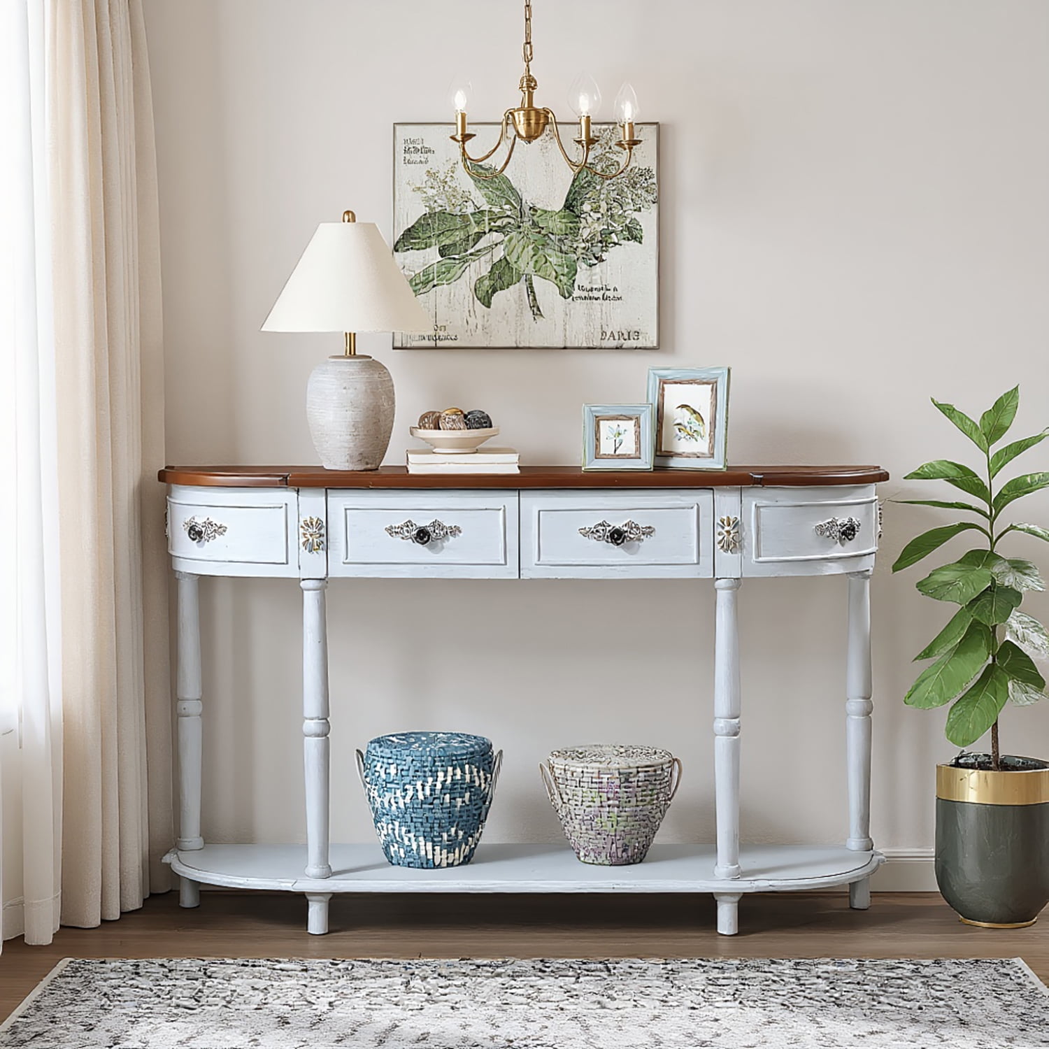 Resenkos Retro Curved Wood Console Table, 52" Circular Half Moon Sofa ...