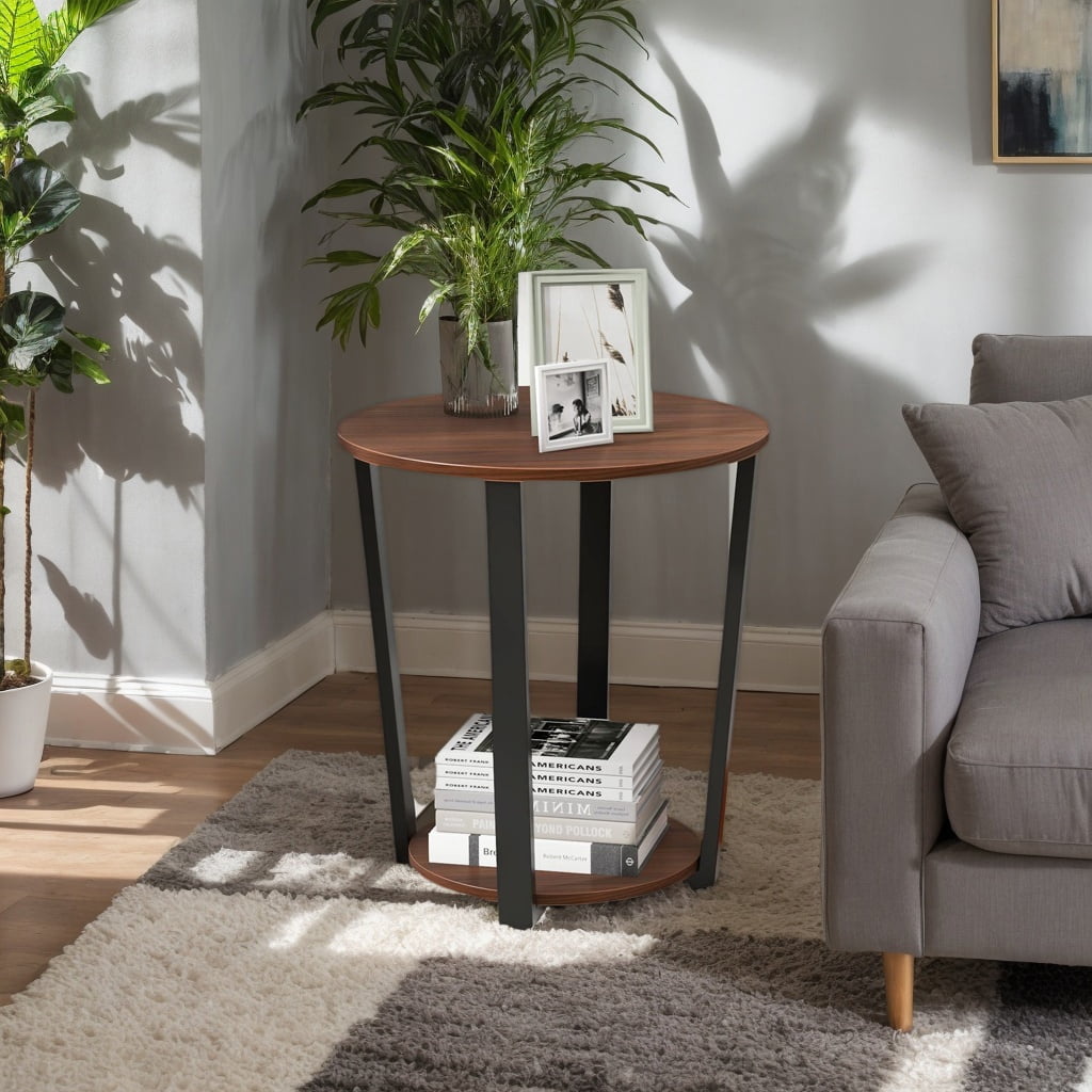 Resenkos Round End Table with Open Shelf and Metal Frame-Walnut ...