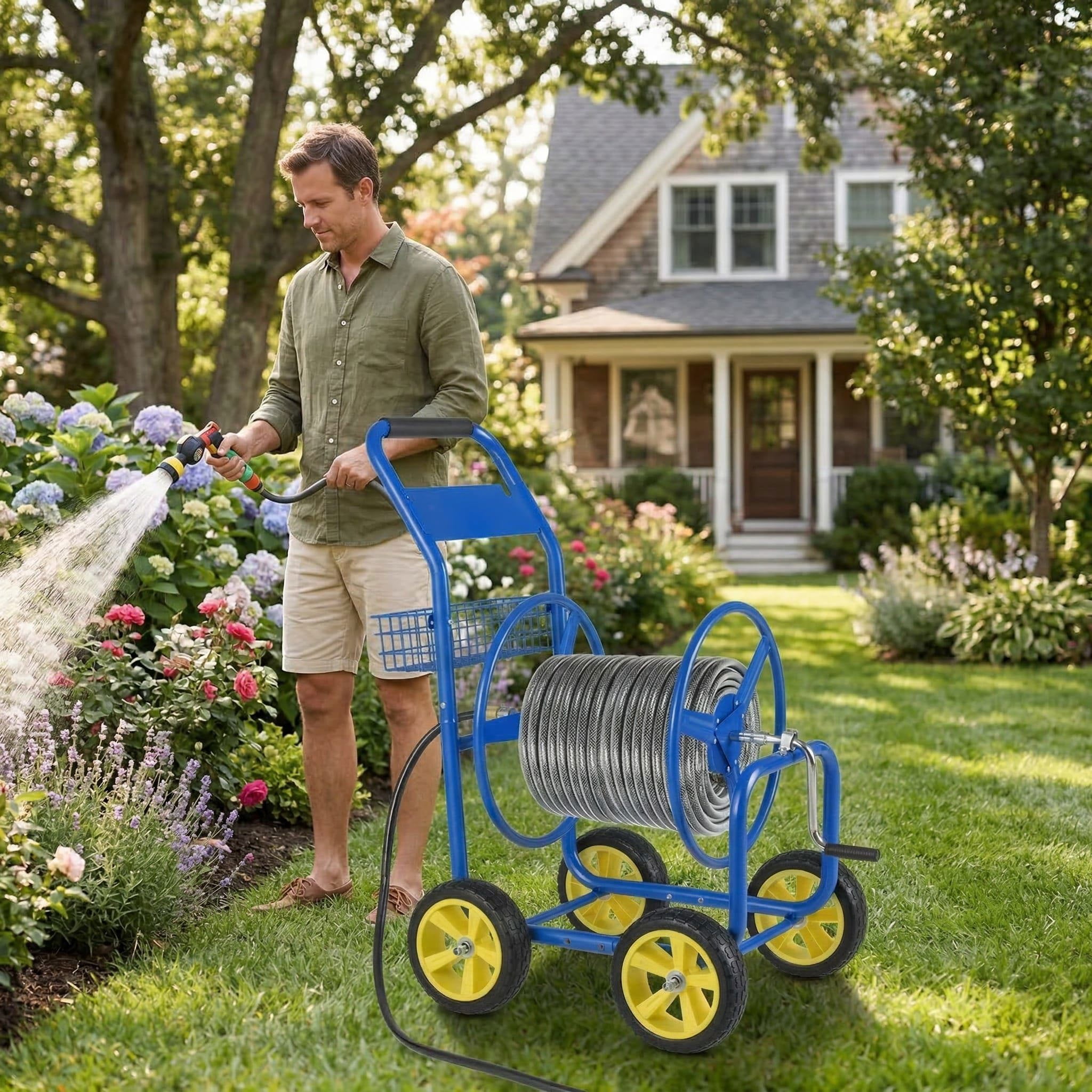 Resenkos Sturdy Metal Garden Hose Cart with 4 Smooth Rolling Wheels and ...