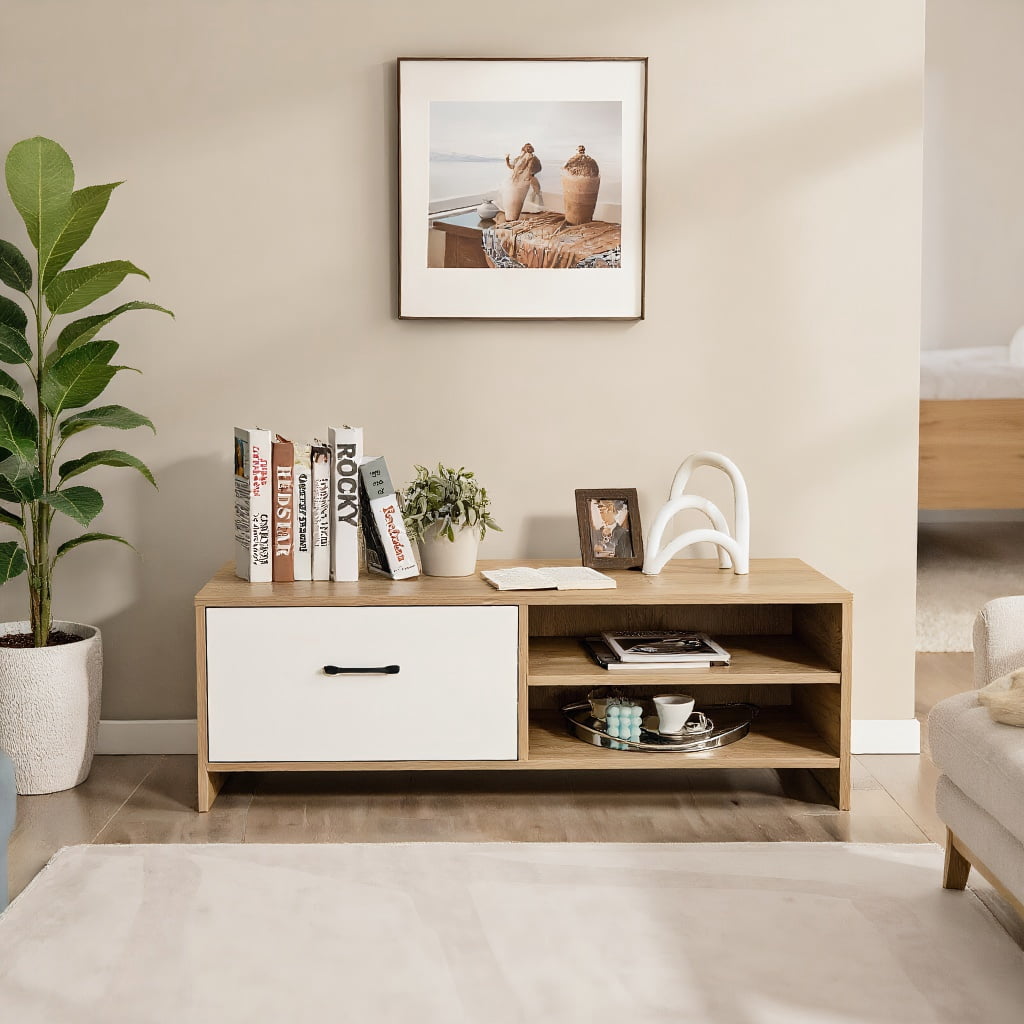 Resenkos TV Stand for with 2 Open Shelf and Drawe for 55-Inch TV, Mid ...
