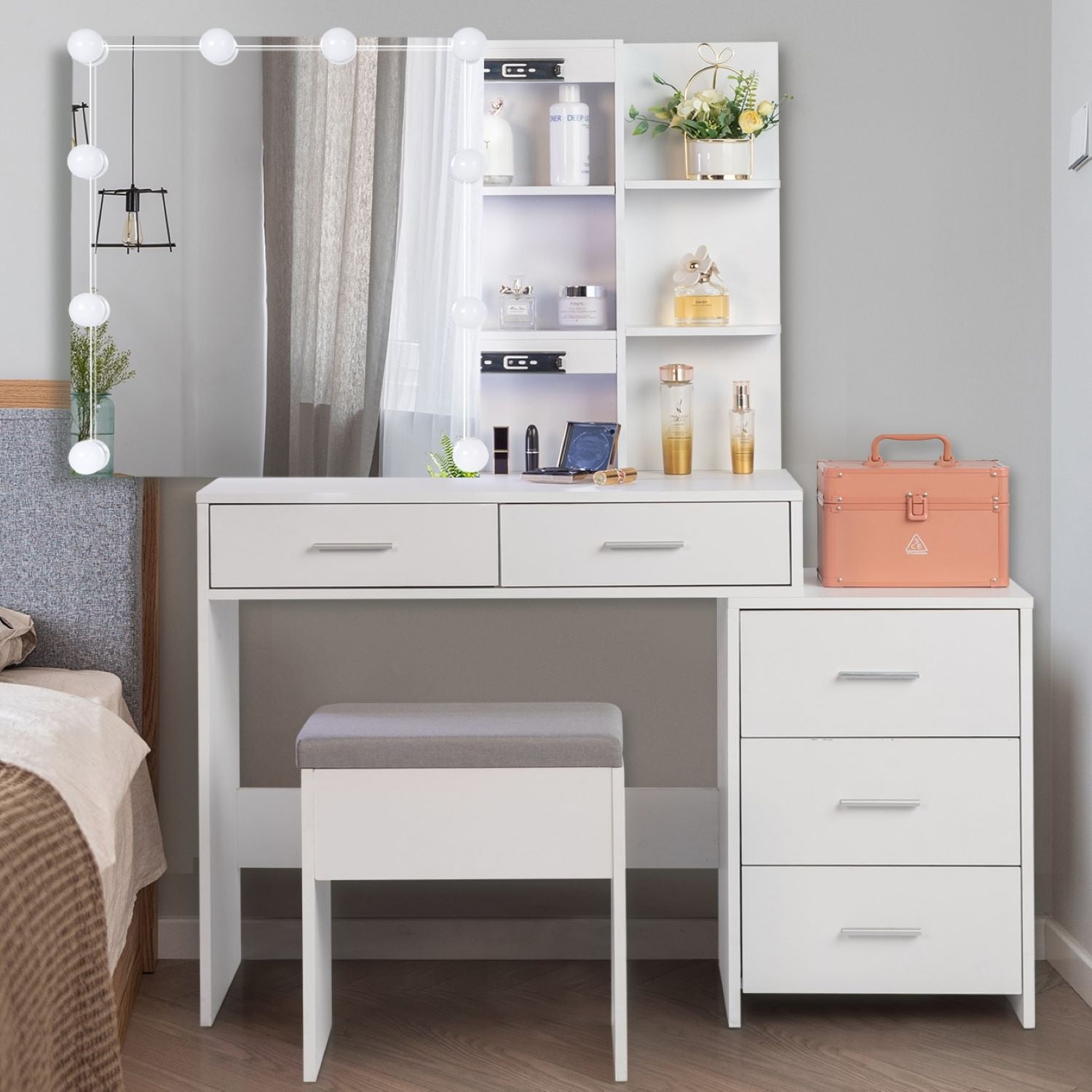 Resenkos Adult Vanity Desk with Mirror, Lights and 5 Drawers Storage ...