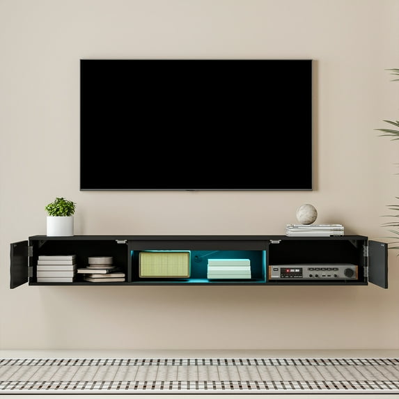 Resenkos Wall-Mounted Floating TV Stand with LED Lighting and Textured ...