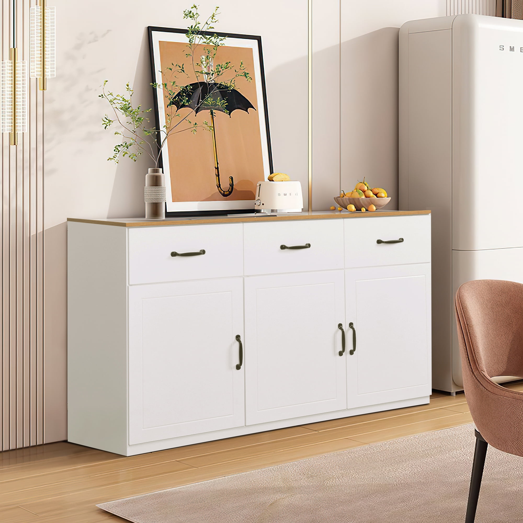 Resenkos White Sideboard Buffet Cabinet with 3 Drawers and 3 Doors ...