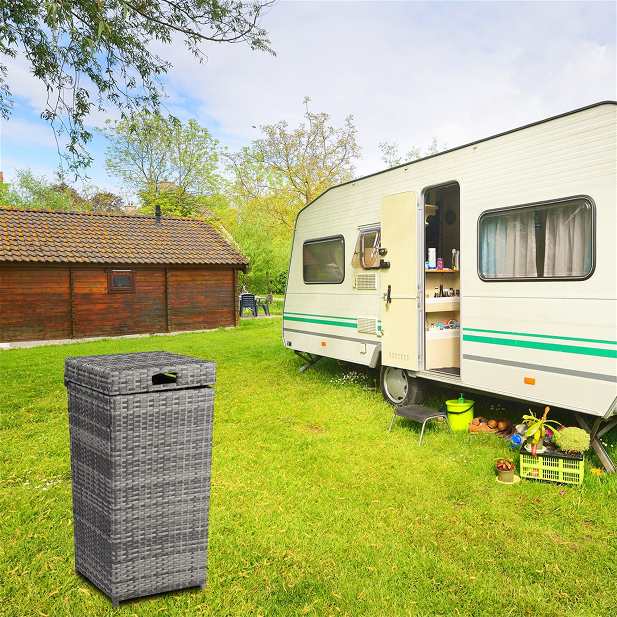 EDOEMSE With Top Cover Iron Frame Rattan Trash, Locker Can Gary ...