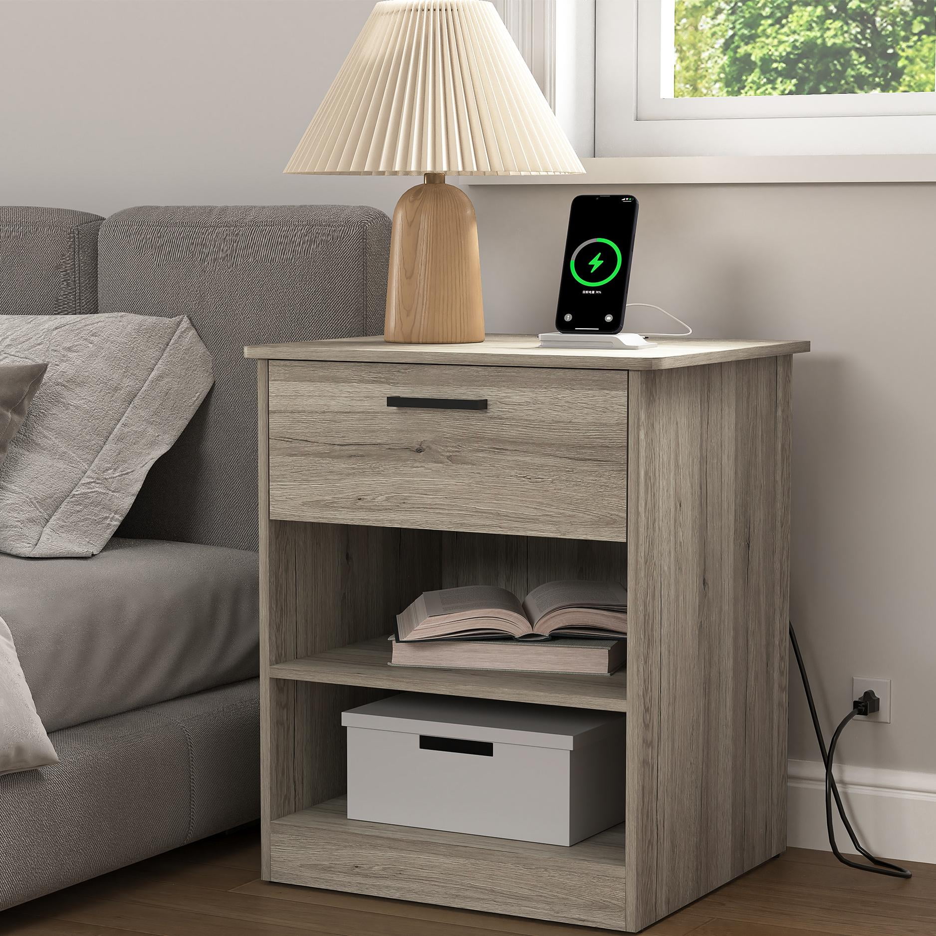 Resenkos Wood Nightstand With Charging Station, Bedside Table With Wood ...