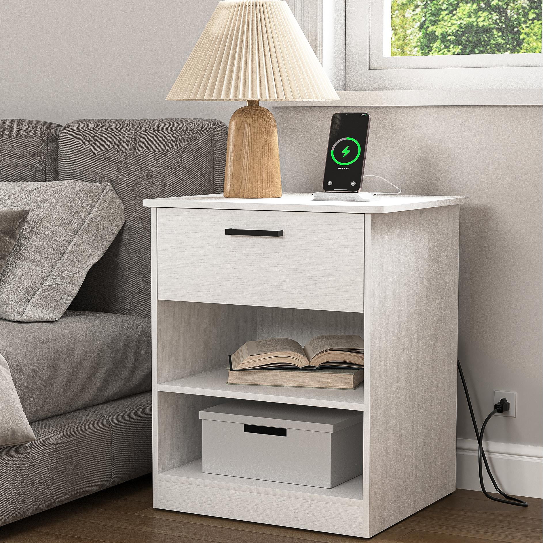 Resenkos Wood Nightstand With Charging Station, Bedside Table With Wood ...