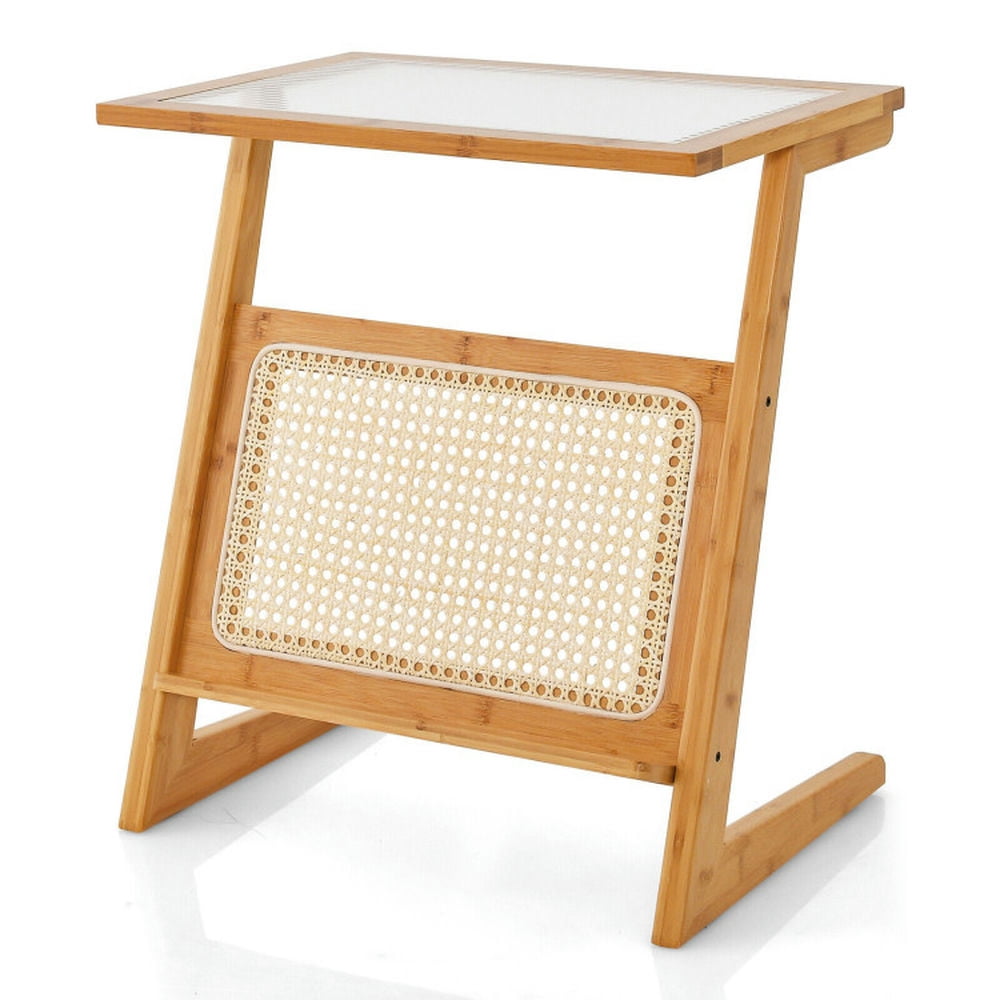 Resenkos Z-shaped End Table with Magazine Rack and Rattan Shelf-Natural ...