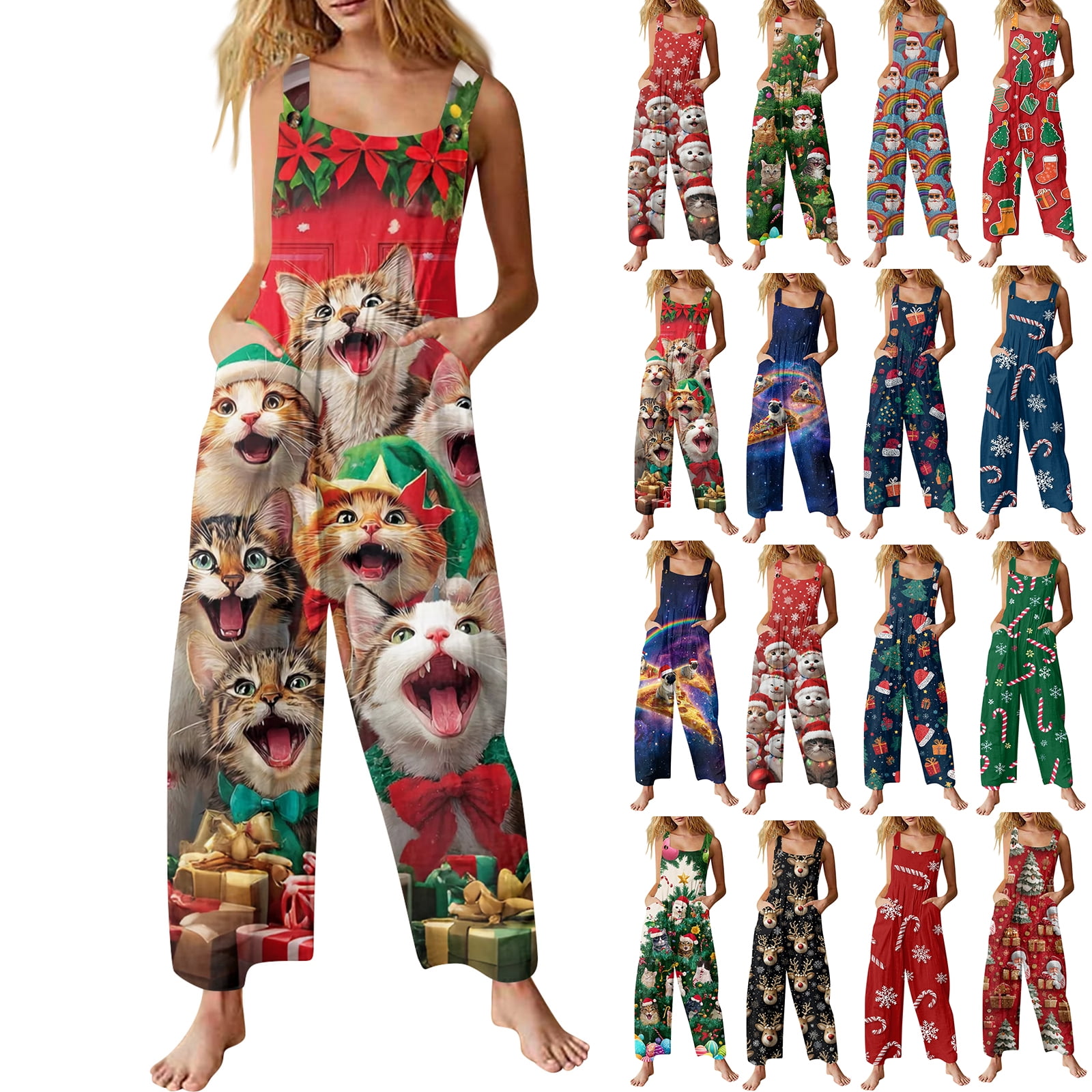 Resicozy Christmas Linen Overalls for Womens Xmas Print Jumpsuit ...