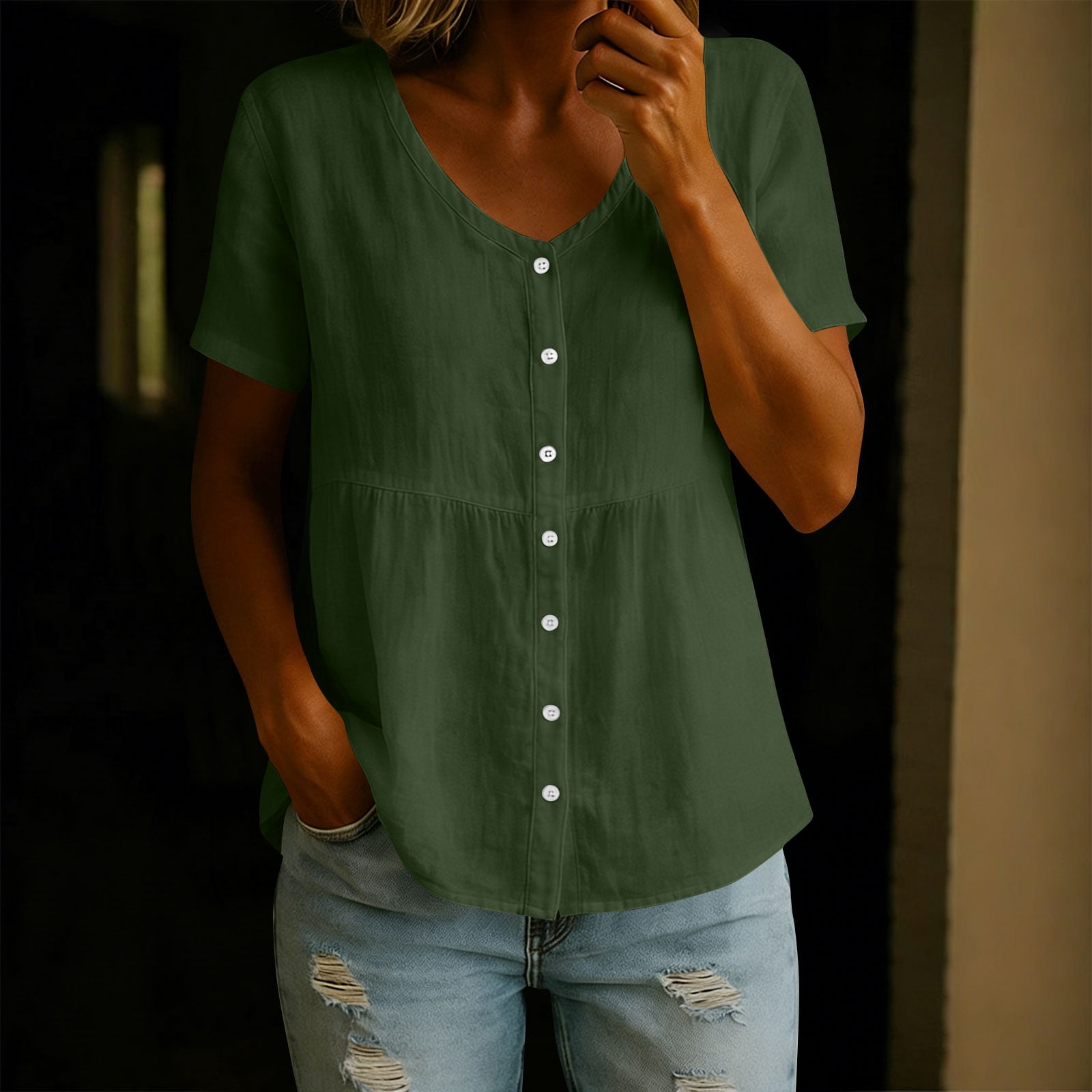 Resicozy Cotton Linen Shirts for Women Button Down V Neck Blouses ...