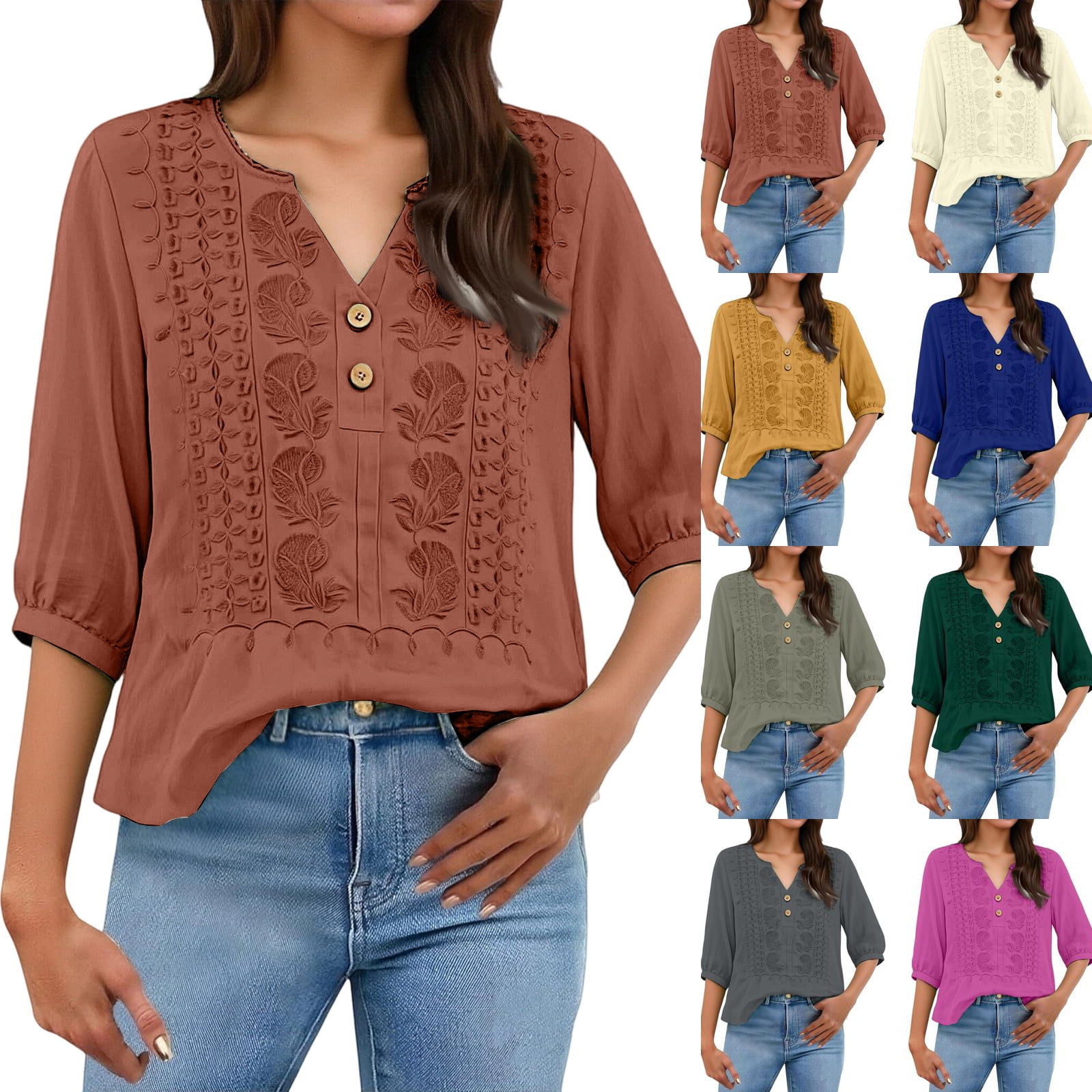 Resicozy Embroidered Tops for Women 3/4 Sleeve V Neck Loose Fit Tunic ...