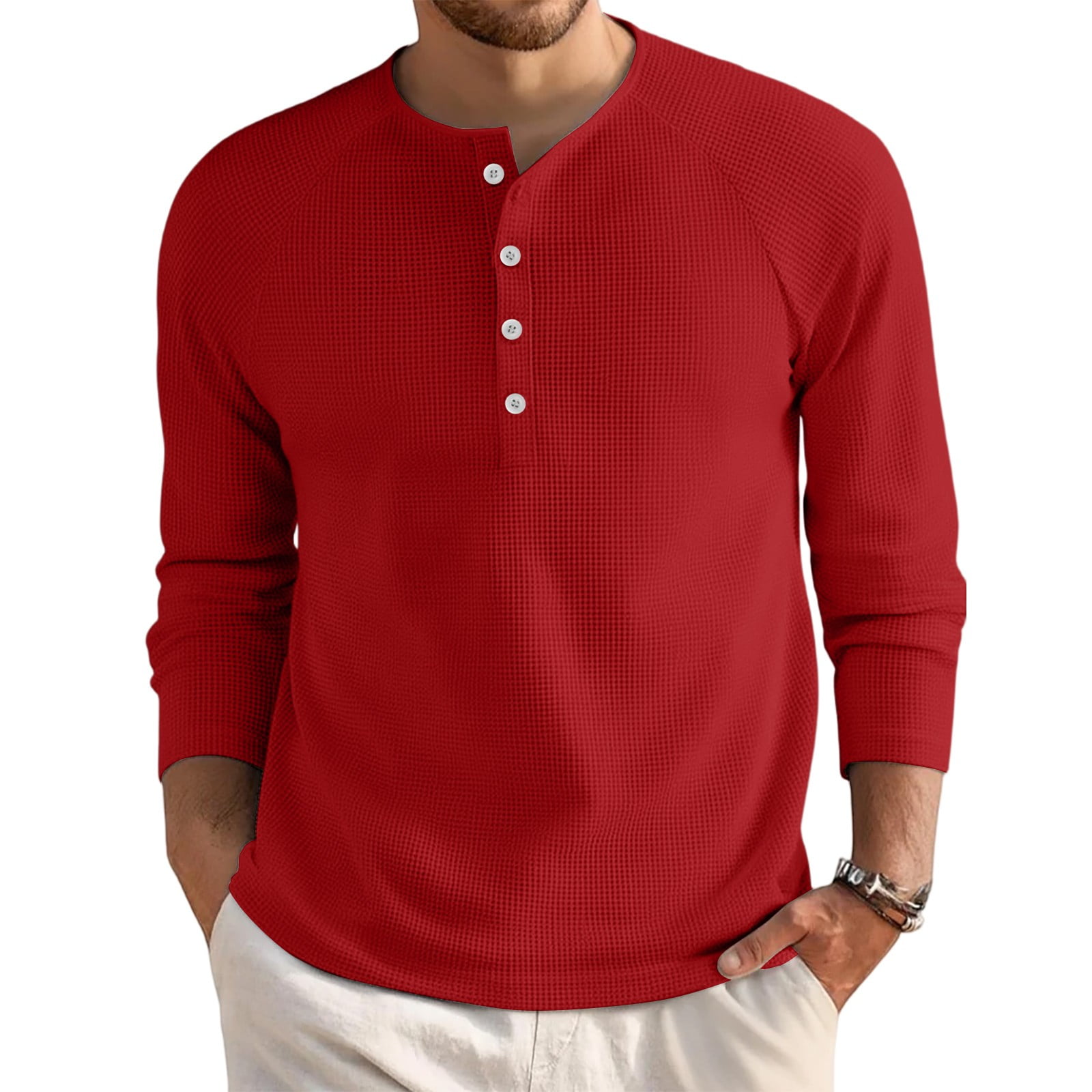 Resicozy Men's Henley Shirts Waffle Knitted Long Sleeve Lightweight ...