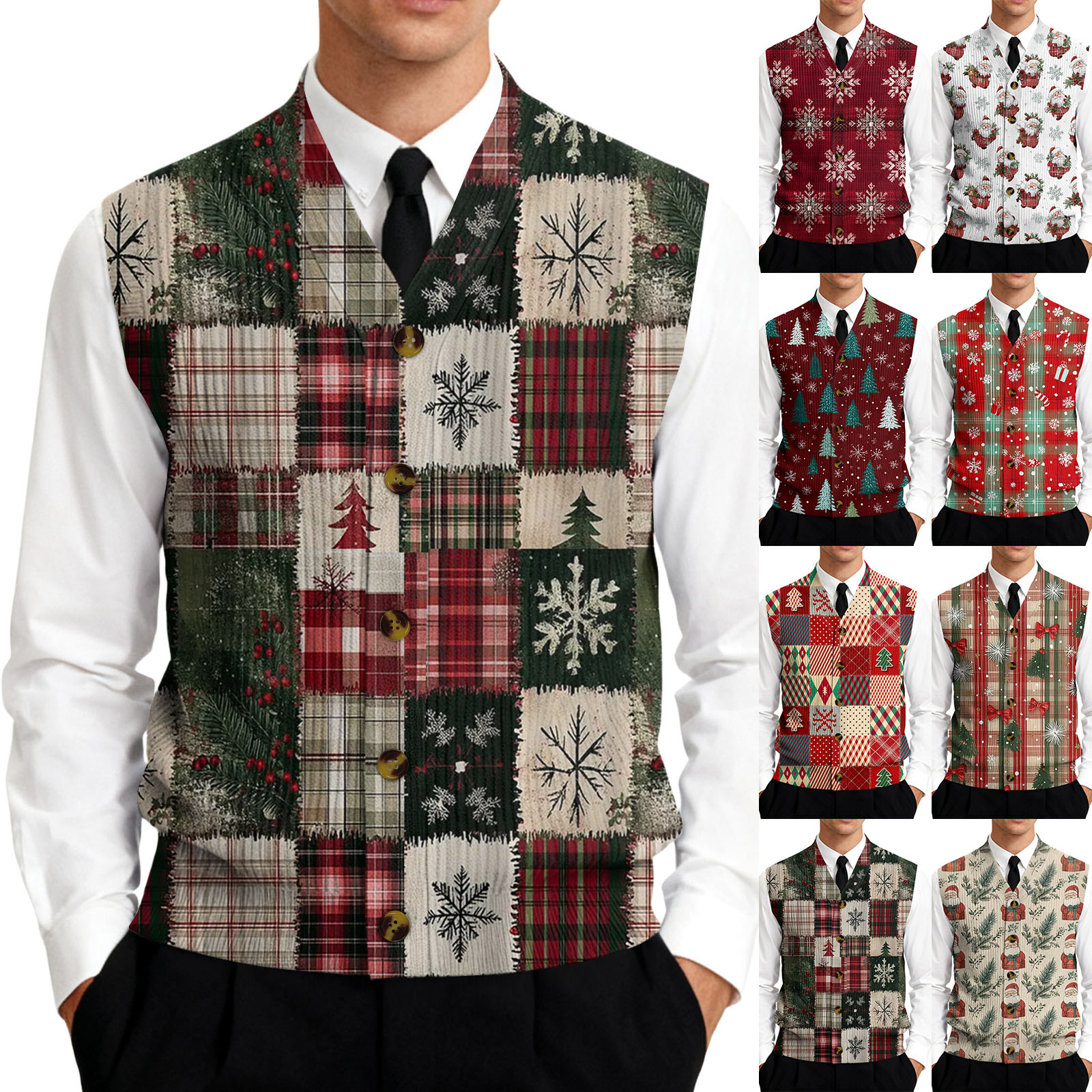 Resicozy Mens Christmas Vest Xmas Print V-Neck Holiday Tree Snowflake ...