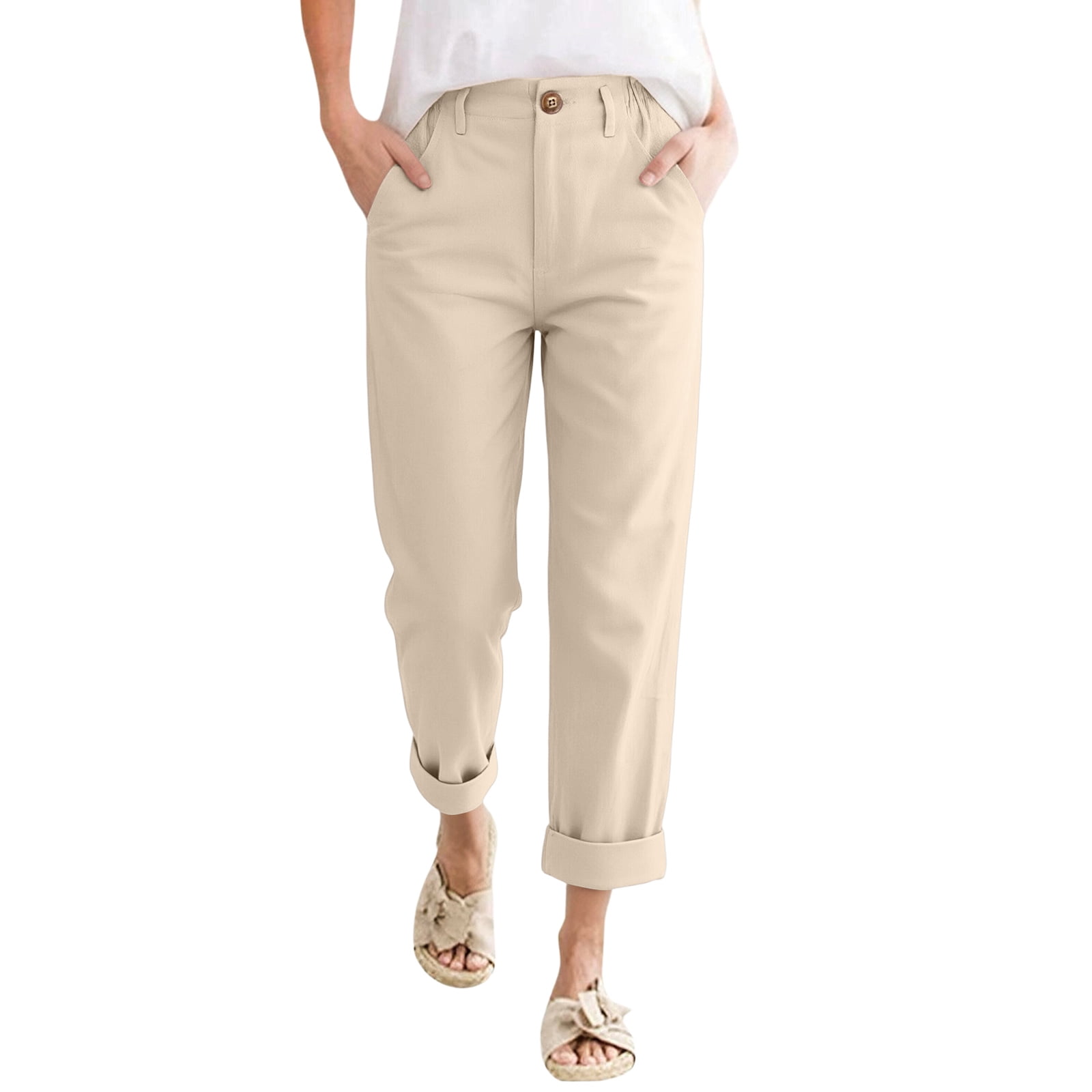 Resicozy Womens Linen Pants High Waisted Cropped Pants Summer Beach ...