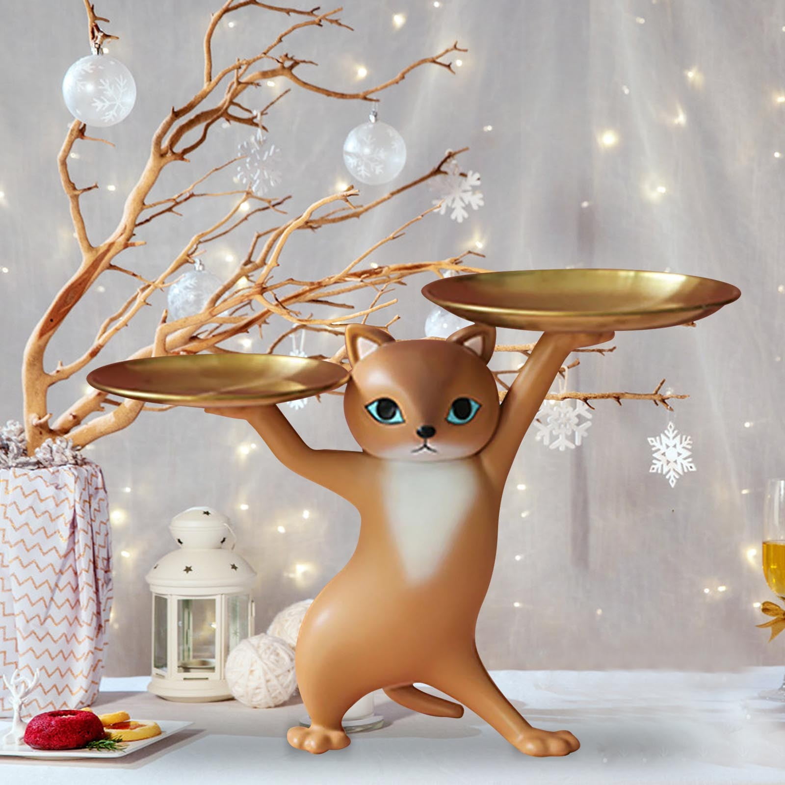 Resin Cat Decorative Tray Figurines, Dancing Funny Cat Statue for Home ...
