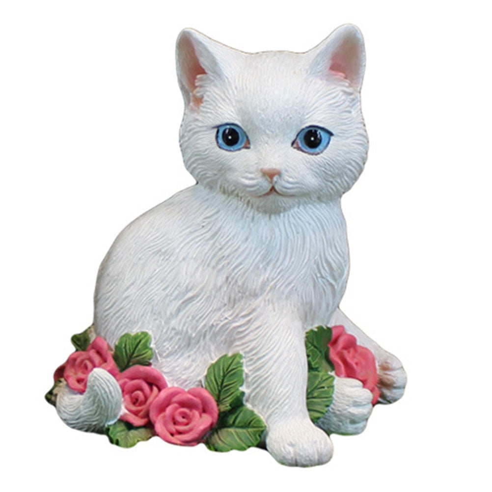 Resin Cat Statues Figurine: White Kitten Sculpture with Red Rose Flower ...