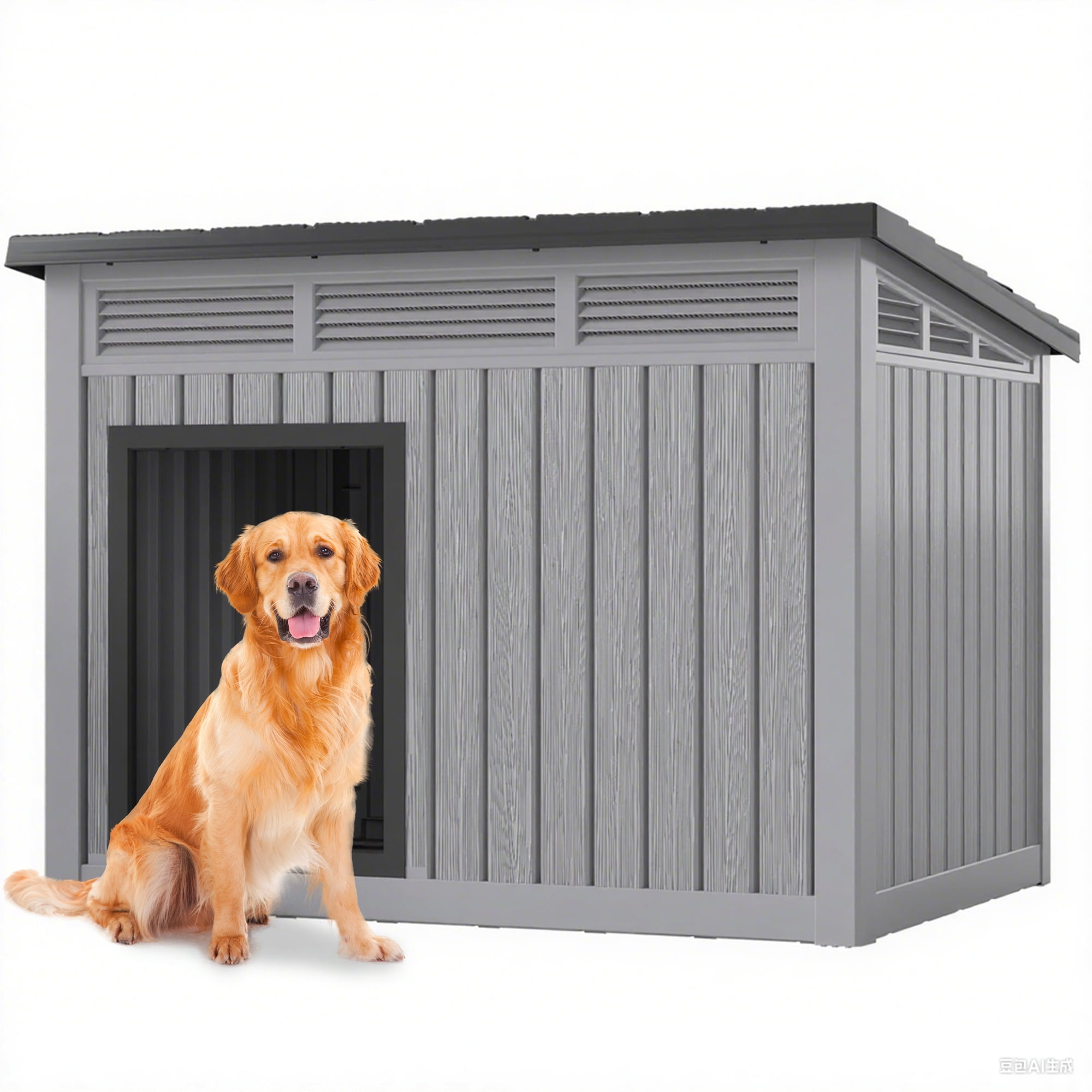 Resin Dog House Dog Kennel with Lift-Up Sloping Roof, Pet Shelter with Air Vents and Elevated ...