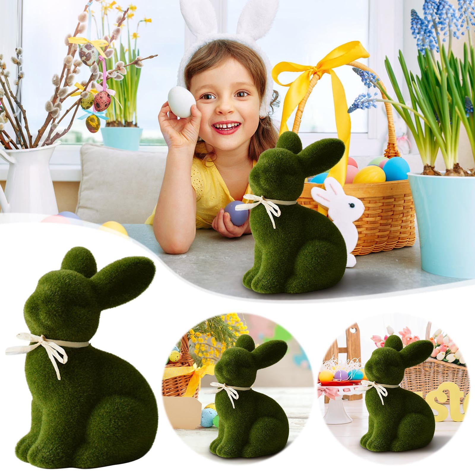 Resin Flocked Bunny Figurines Set, Green Fuzzy Flocked Bunny Easter ...