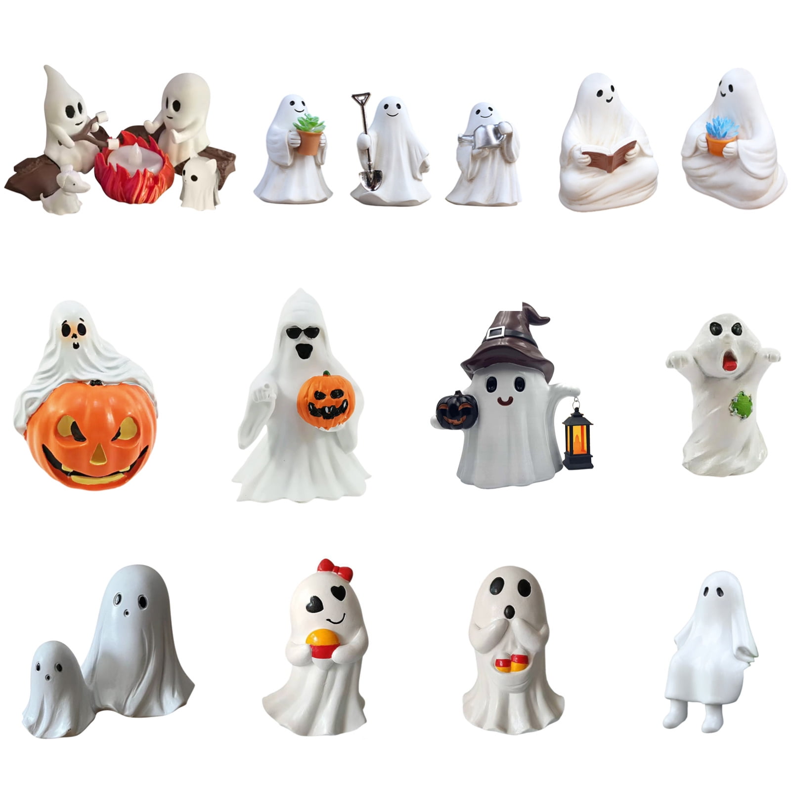 Resin Ghost Figurine Halloween Decorations Indoor White Cute Ghosts Figurines Halloween Tiered ...