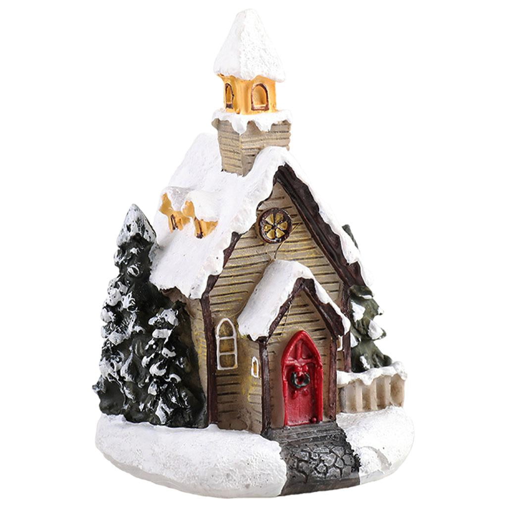 Resin Mini Christmas Scene Snow House LED Warm Light Miniature Village ...