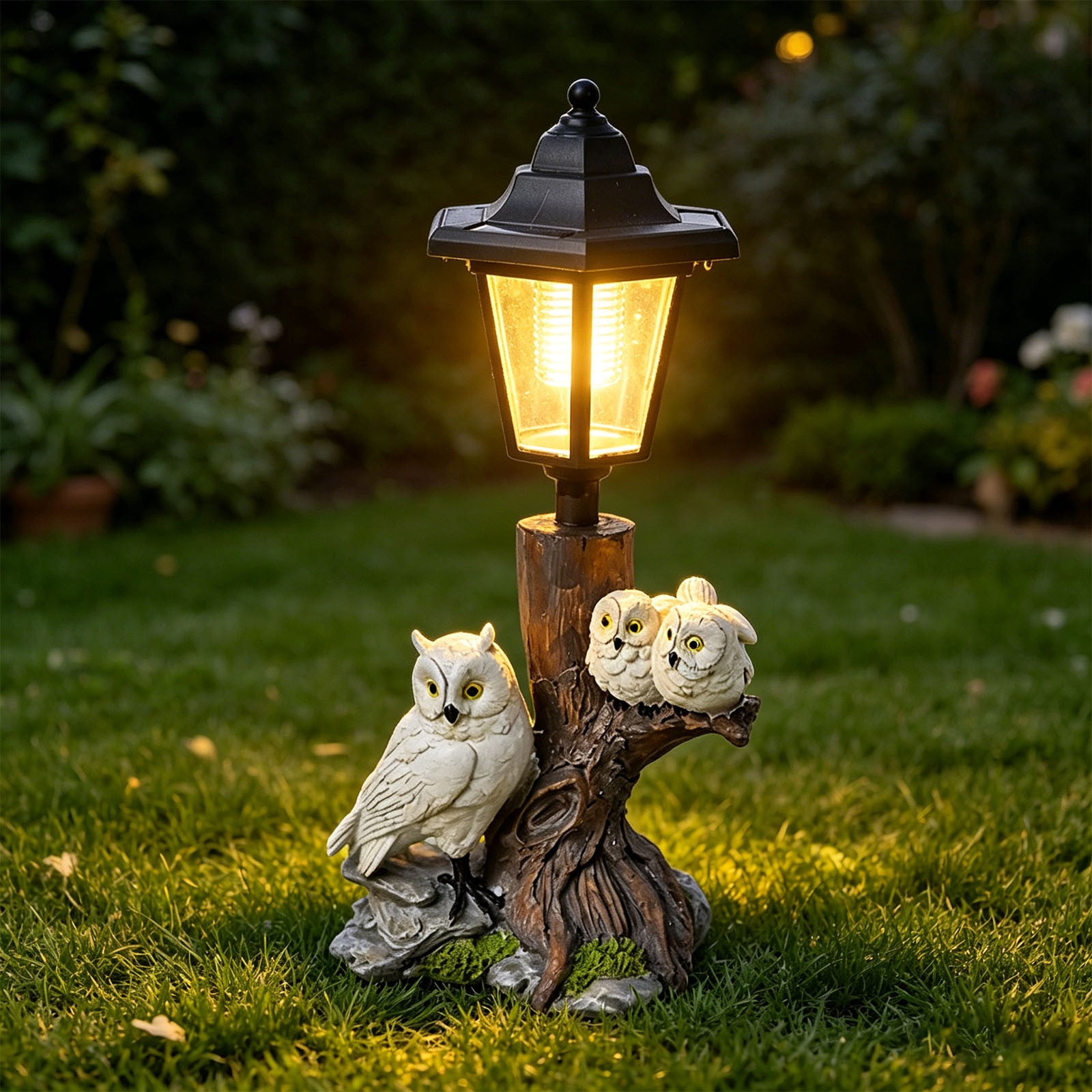 Resin Owl Garden Light with Solar-Powered Streetlamp Sculpture for ...