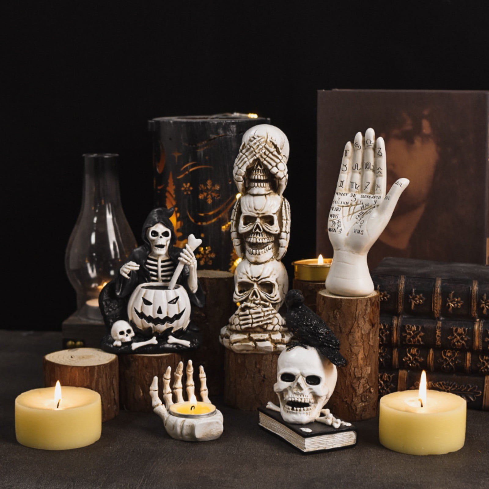 Resin Raven On Skull Halloween Decoration Pillar Candle Holder for ...