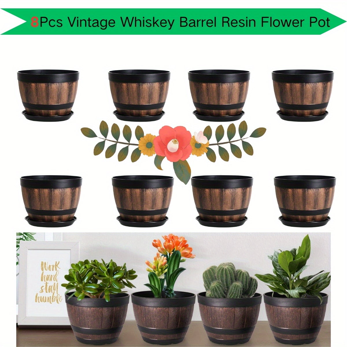 Resin Whiskey Barrel Flower Pots with Drainage - Vintage Style Indoor ...