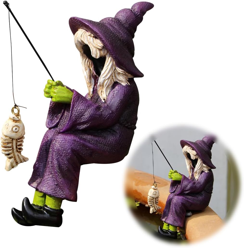 Resin Witch Ornaments Halloween Fishing Witch Statue Halloween ...